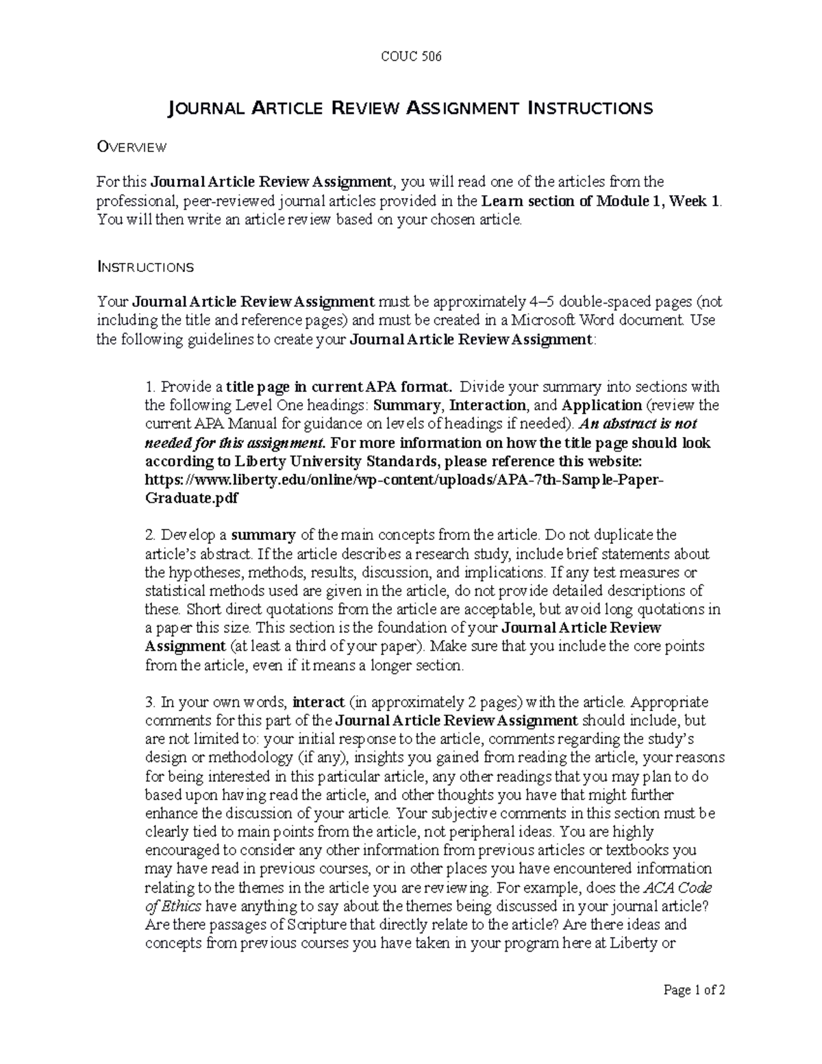 Journal Article Review Assignment Instructions - COUC 506 JOURNAL ...
