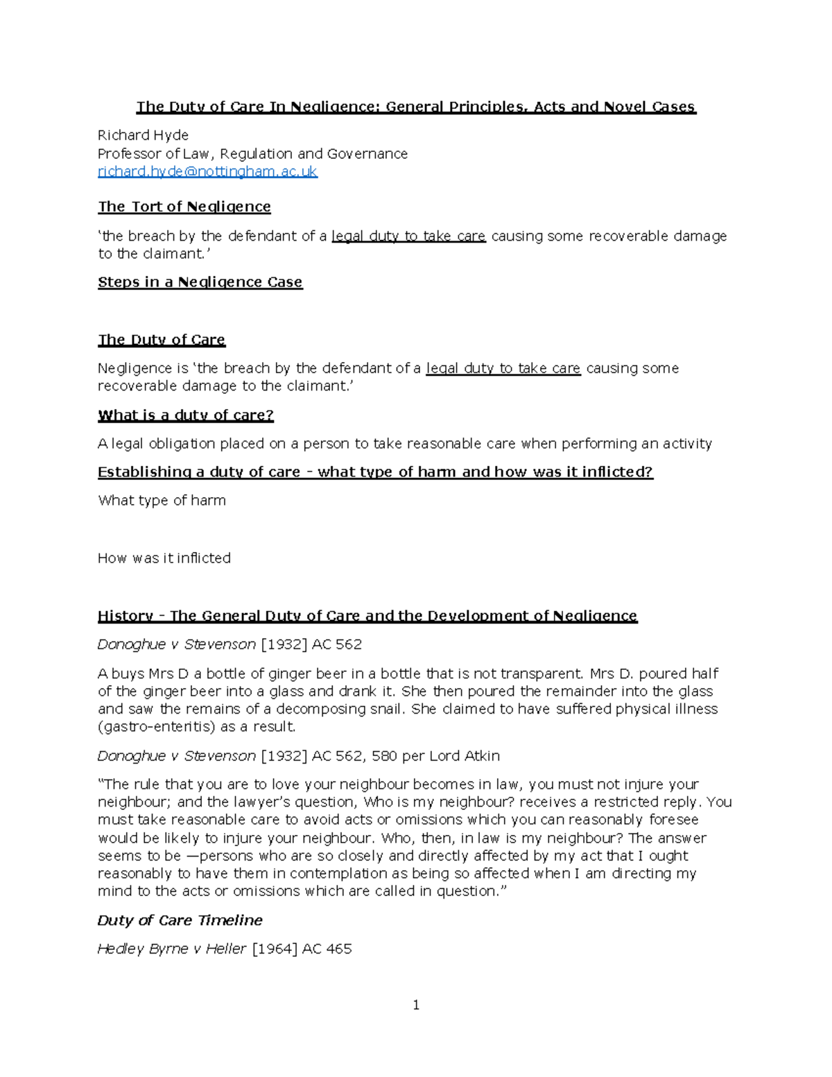 Tort Law Notes: Duty of Care Principles and Key Cases (LAW101) - Studocu