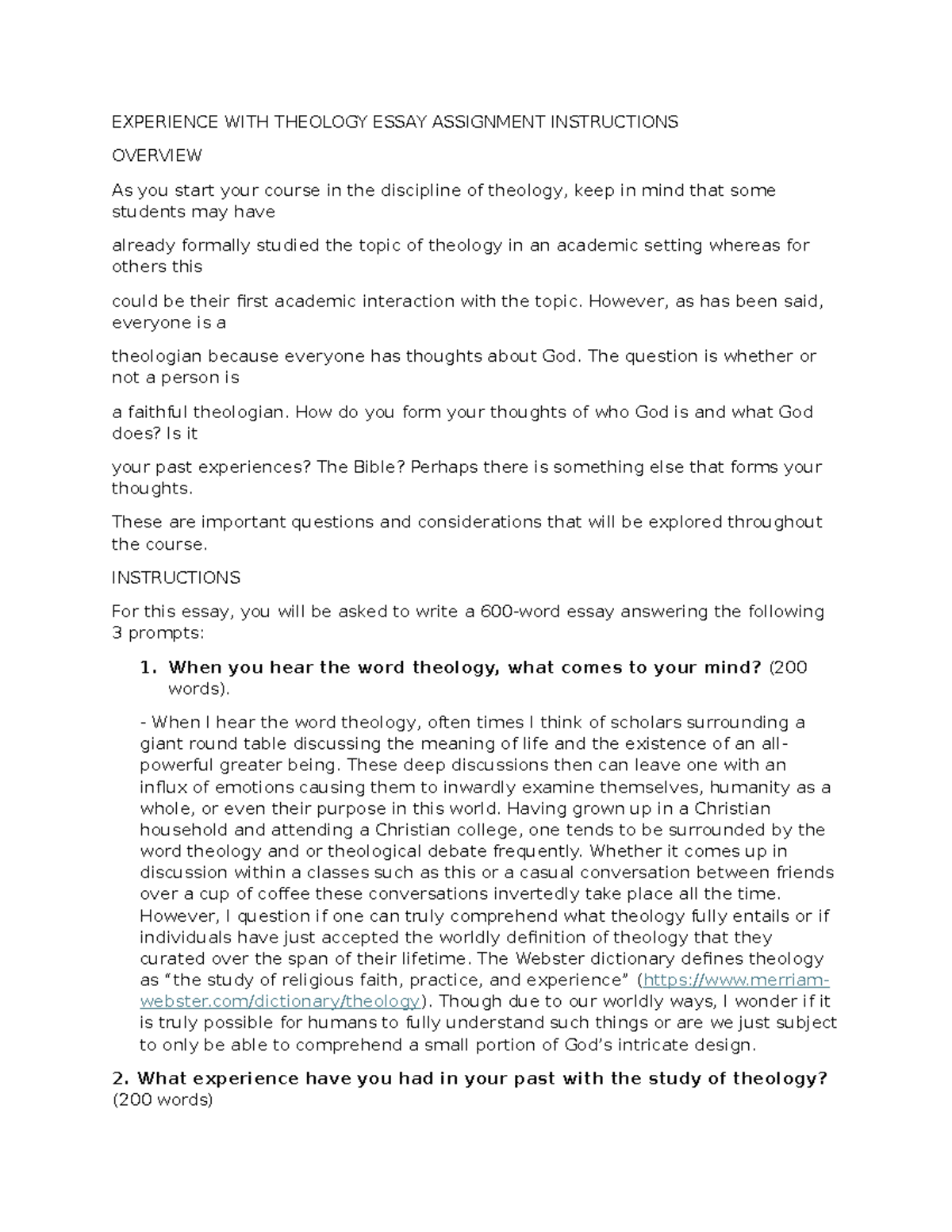 Theology Essay Assignment Instructions: Exploring Your Experiences ...