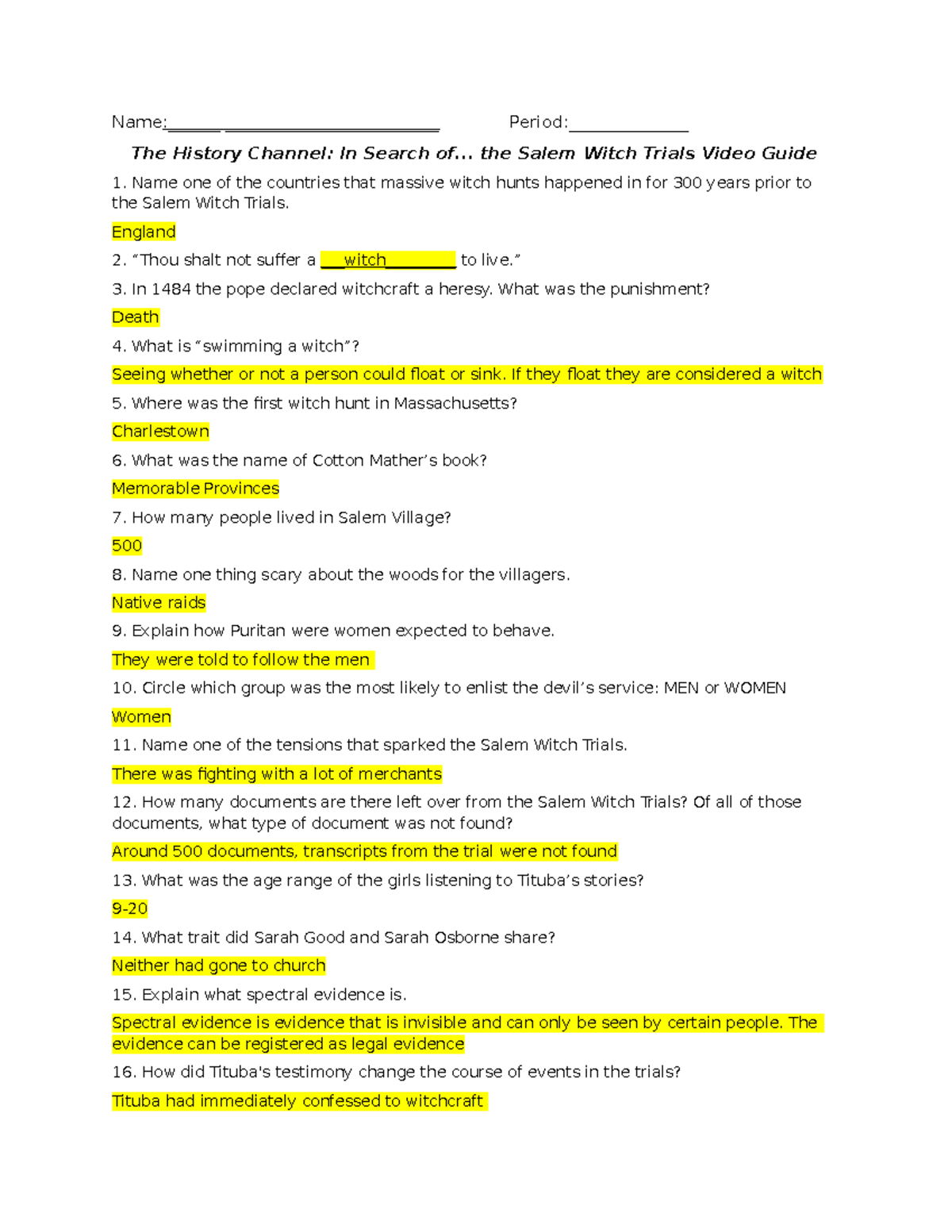 Salem Witch Trials Video Guide (HIST 202) - Key Questions & Answers ...