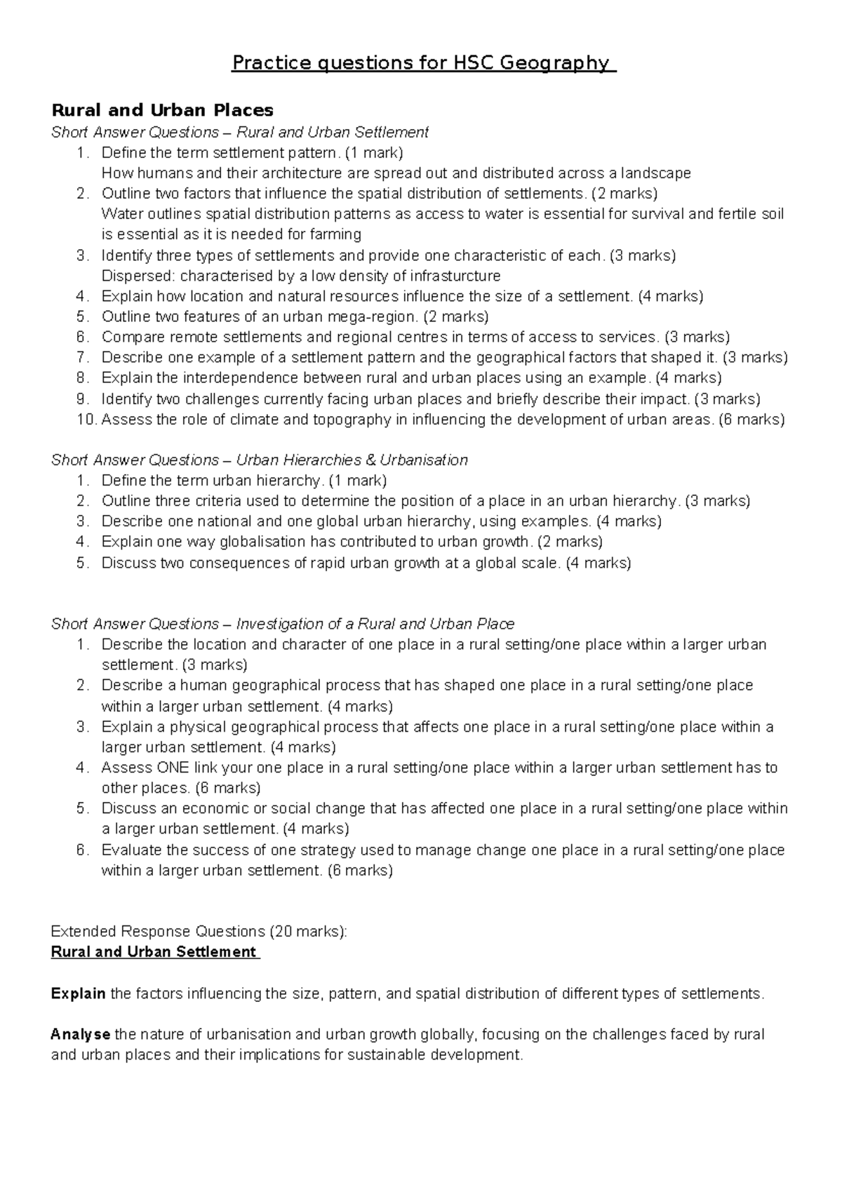 GEO HSC Assessment 1: Practice Questions on Rural & Urban Settlements ...