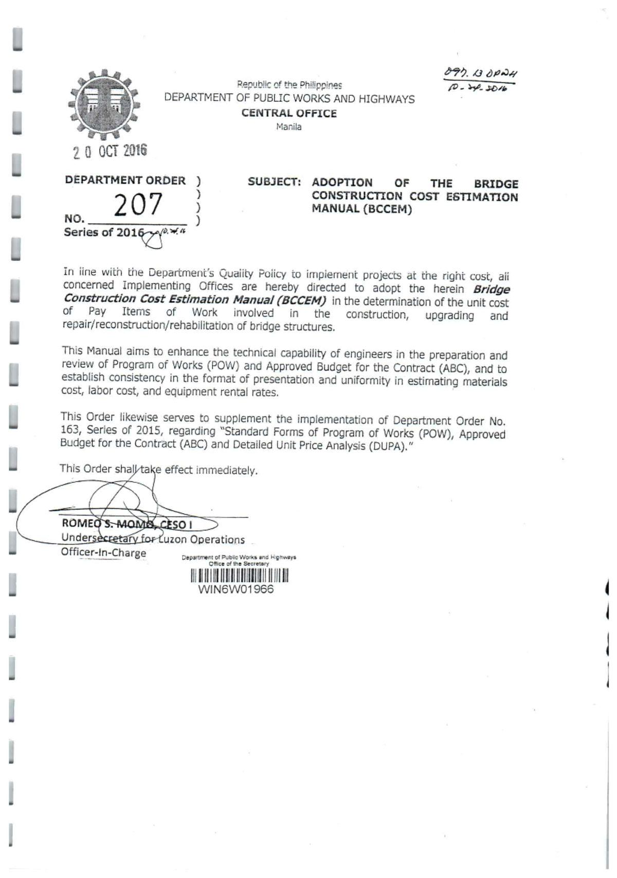 DPWH-DO 207 s2016: Bridge Construction Cost Estimation Manual - Studocu