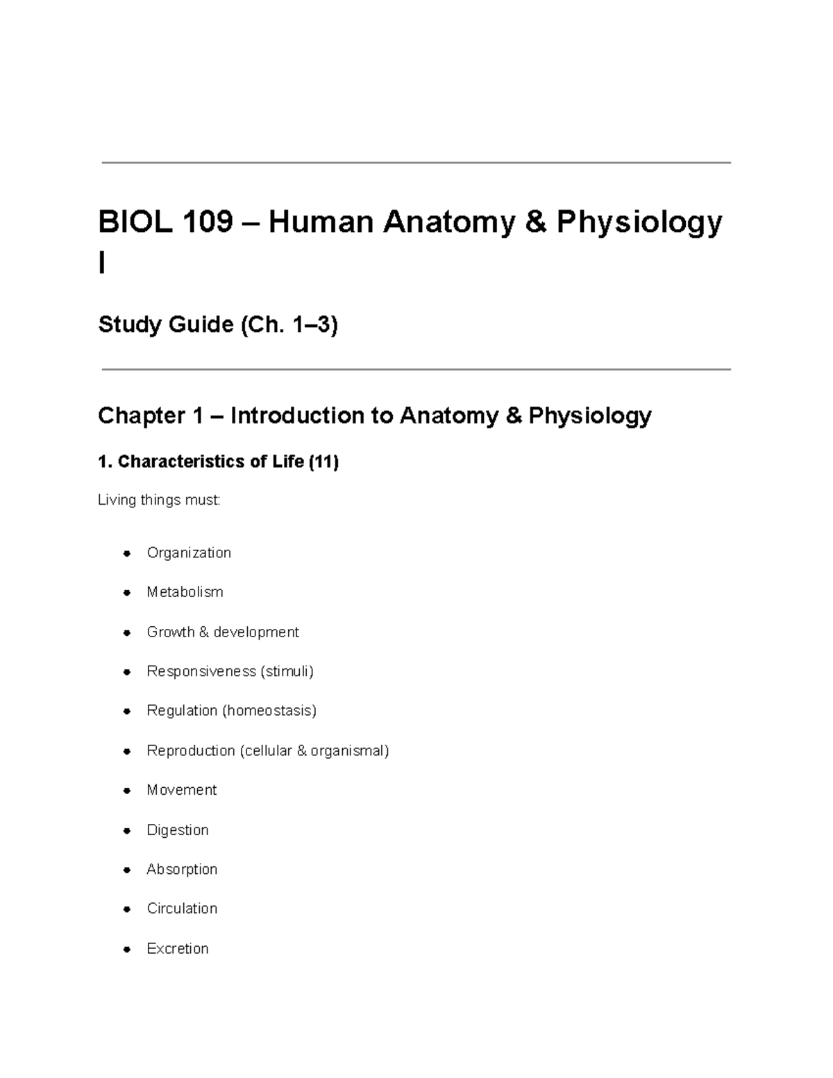 Study Guide for BIOL 109: Human Anatomy & Physiology I (Ch. 1-5) - Studocu
