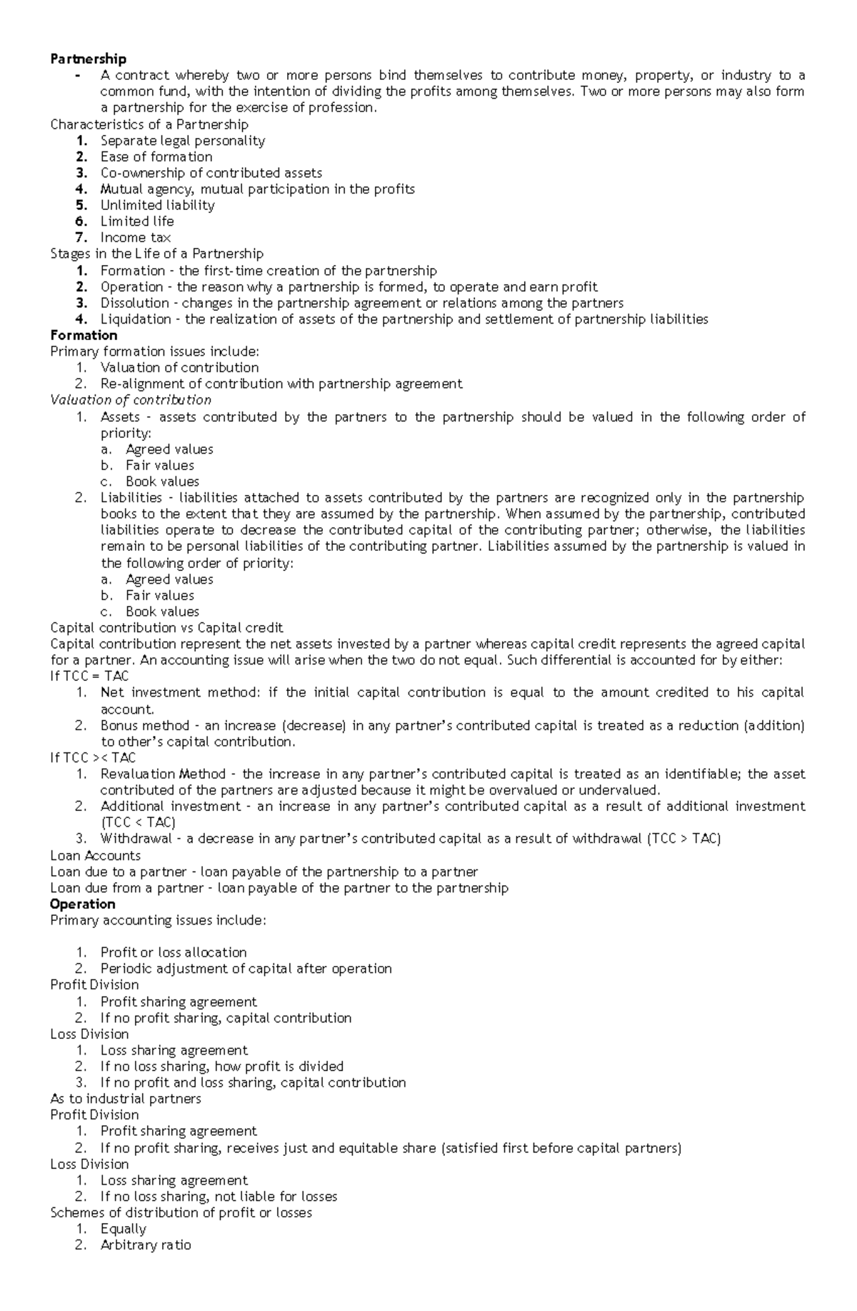 Partnership Notes - Partnership - A contract whereby two or more ...