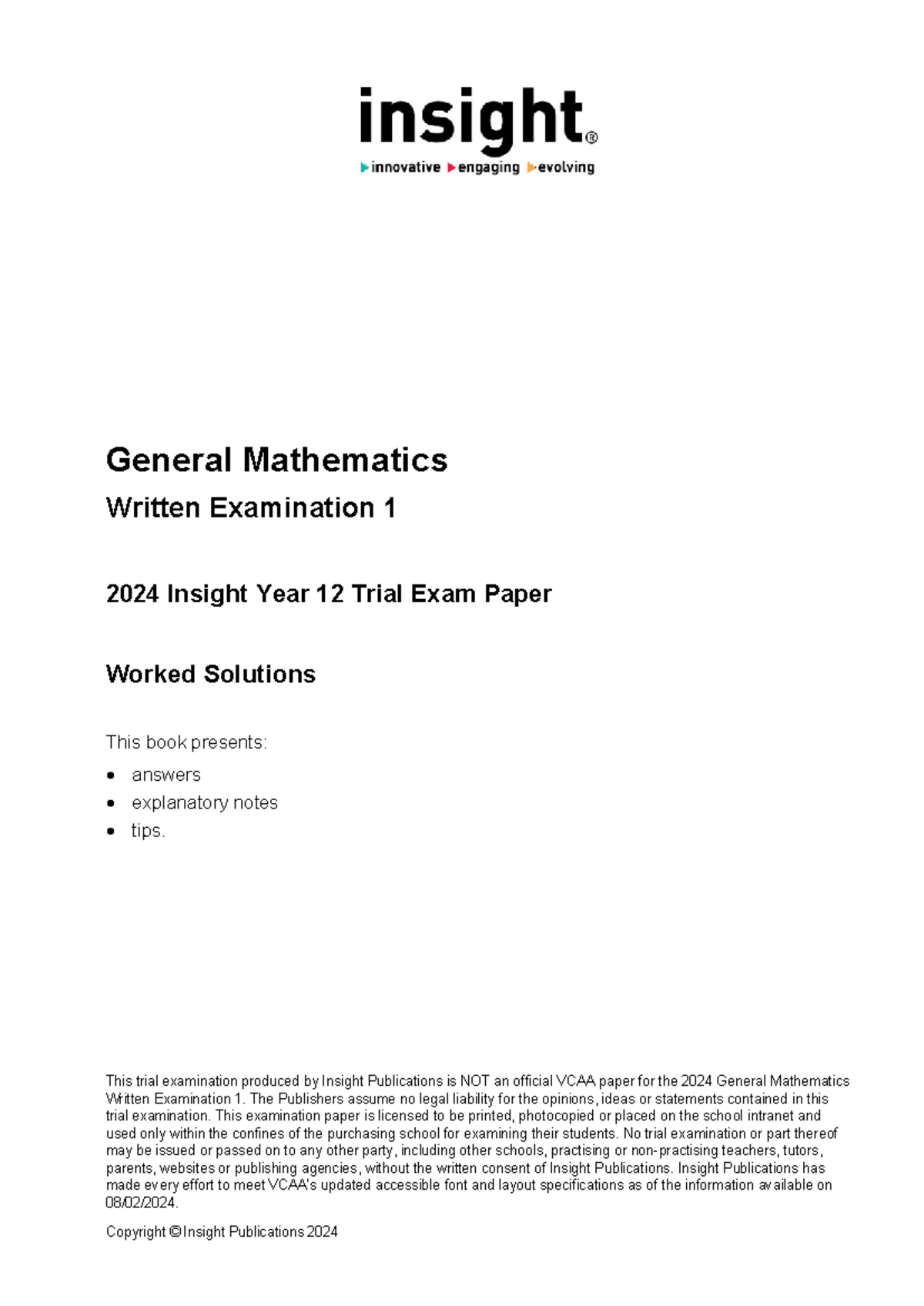VCE General Mathematics Written Examination 1 2024 Trial Exam Solutions ...