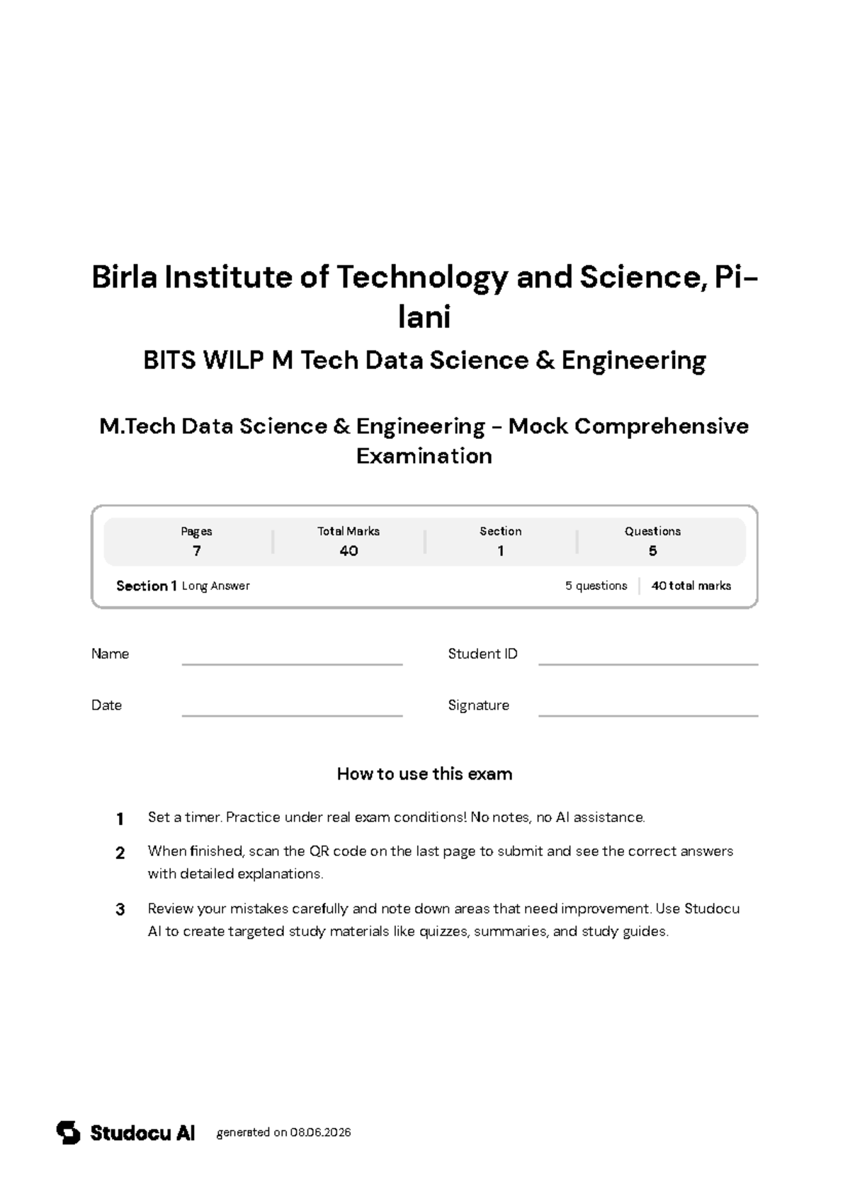 M.Tech Data Science - Mock Comprehensive Exam - Studocu