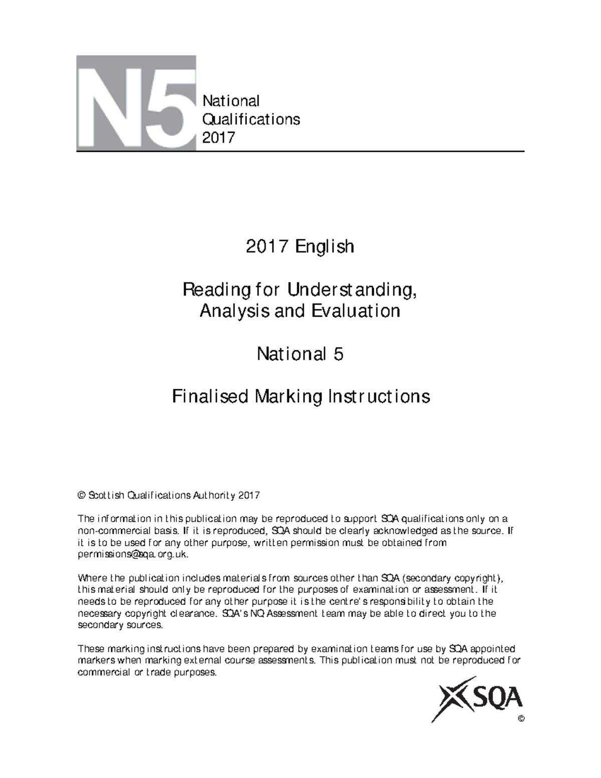 SQA National 5 English Paper 1 Marking Instructions - May 2017 - Studocu