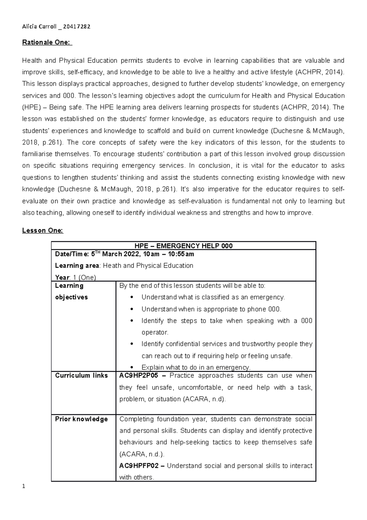 Lesson Plans A1 - Rationale One: Health and Physical Education permits ...