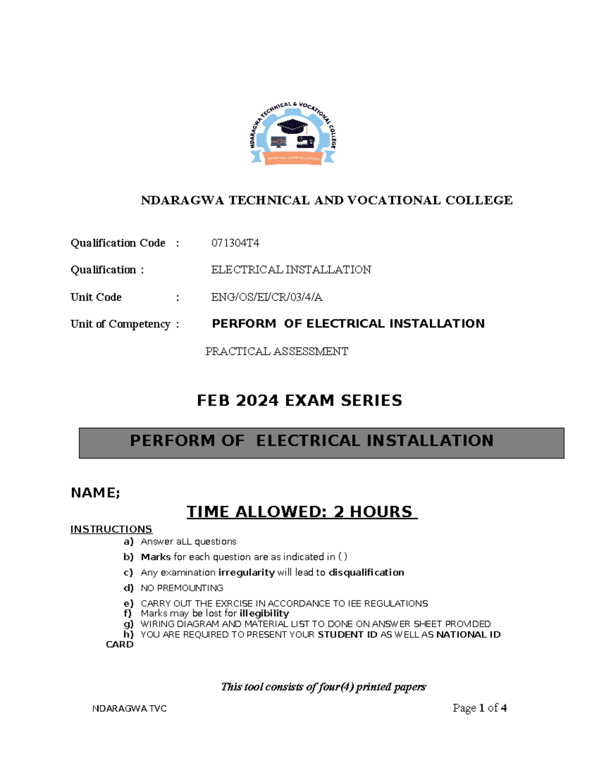 O.C Installation Level 4: Practical Assessment Feb 2024 Exam Series ...
