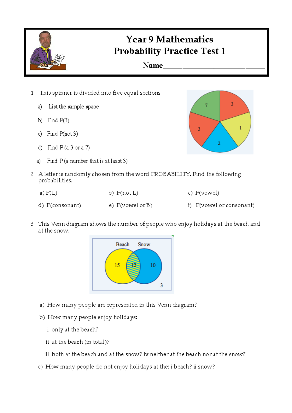 Year 9 Mathematics - Probability Practice Test 1 with Venn Diagrams ...