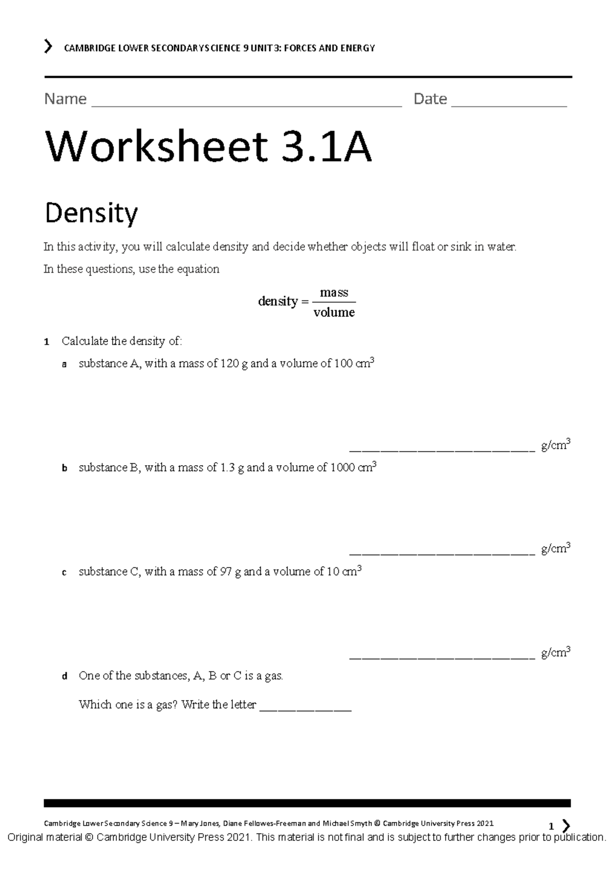 CAMBRIDGE LOWER SECONDARY SCIENCE 9 UNIT 3: FORCES & ENERGY WORKSHEETS ...