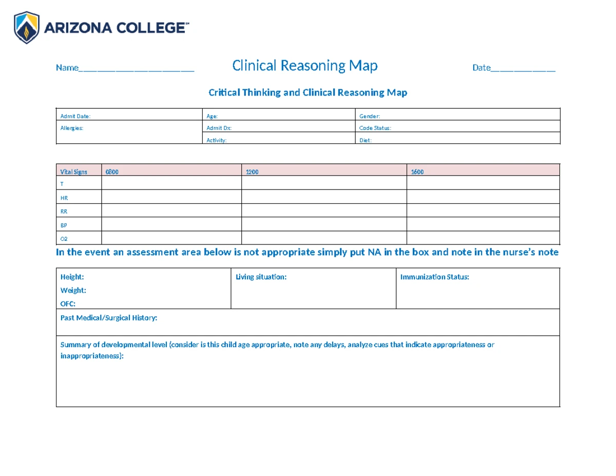 Critical Thinking & Clinical Reasoning Map for Pediatric 2 Care - Studocu