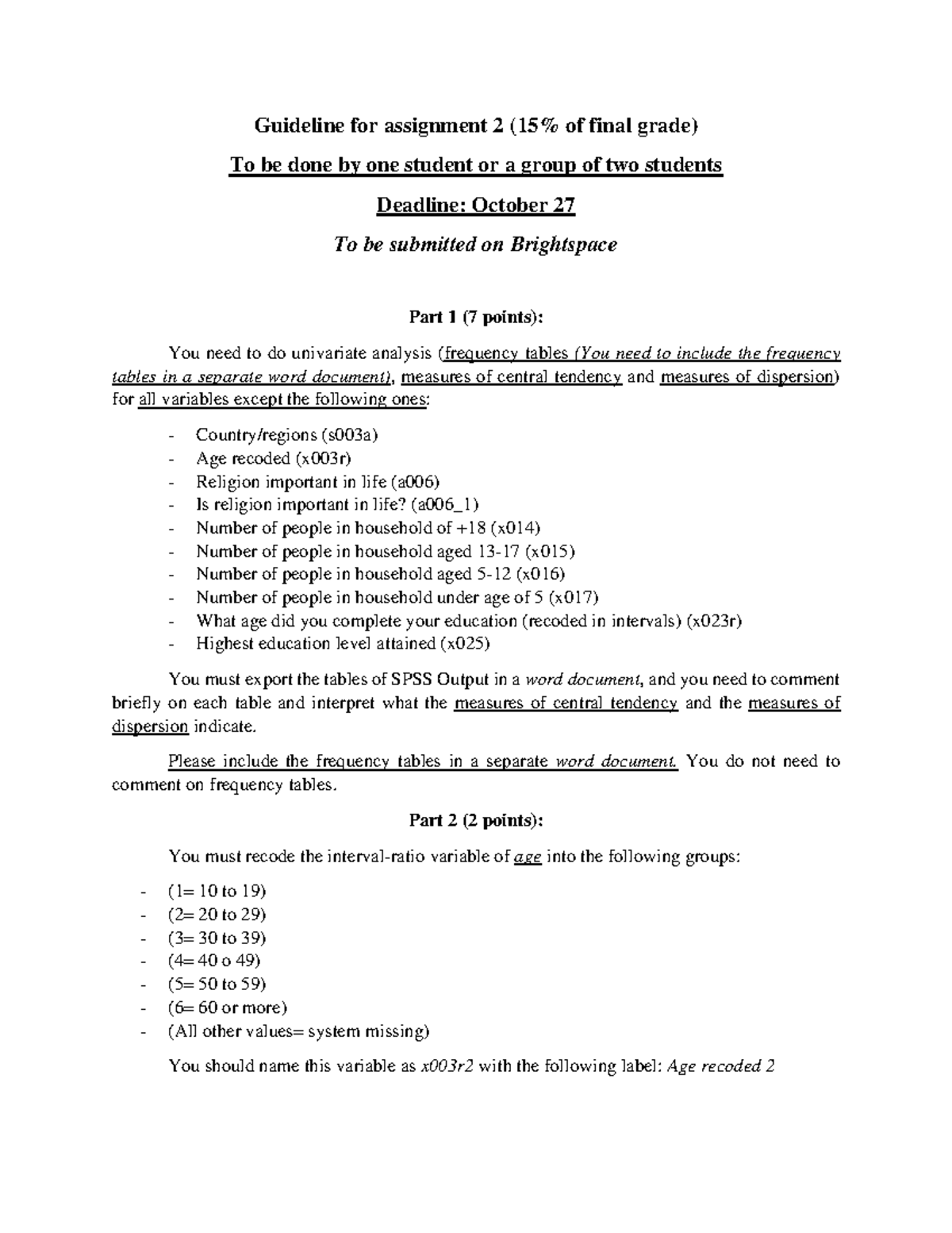 Assignment 2 Guidelines: Univariate Analysis and Recoding (15% Grade ...