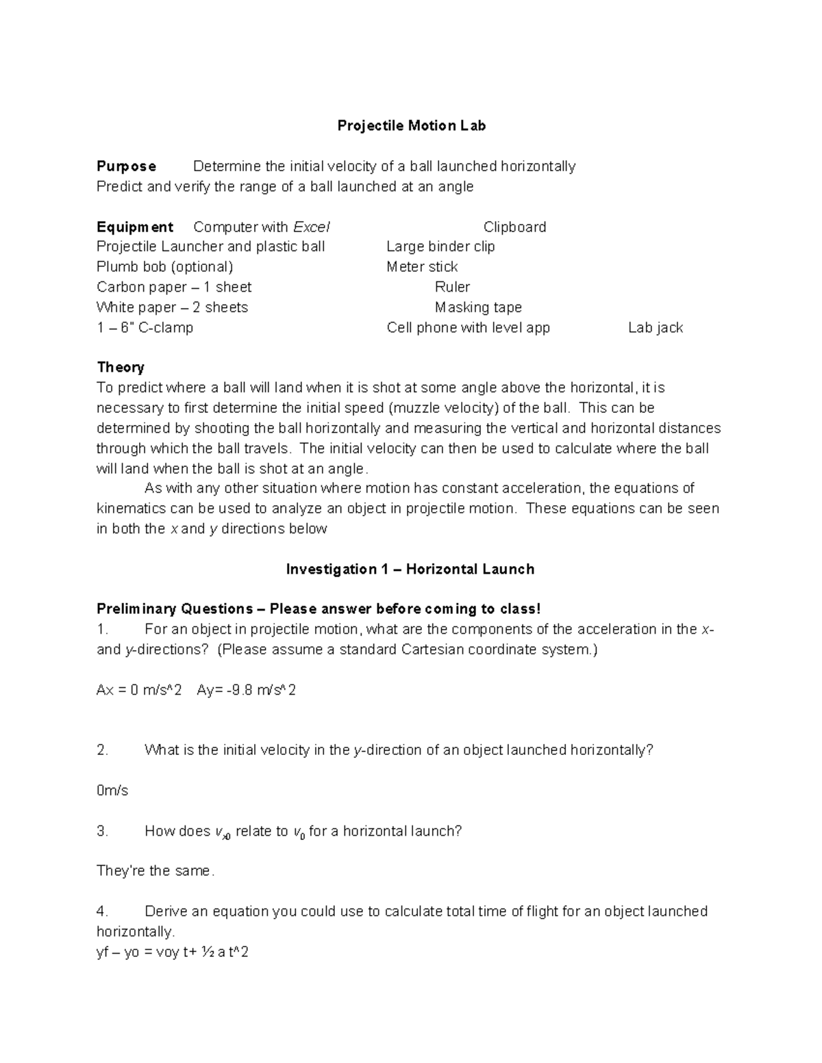 Projectile Motion Lab (PHYS 101) - Initial Velocity of Horizontally ...