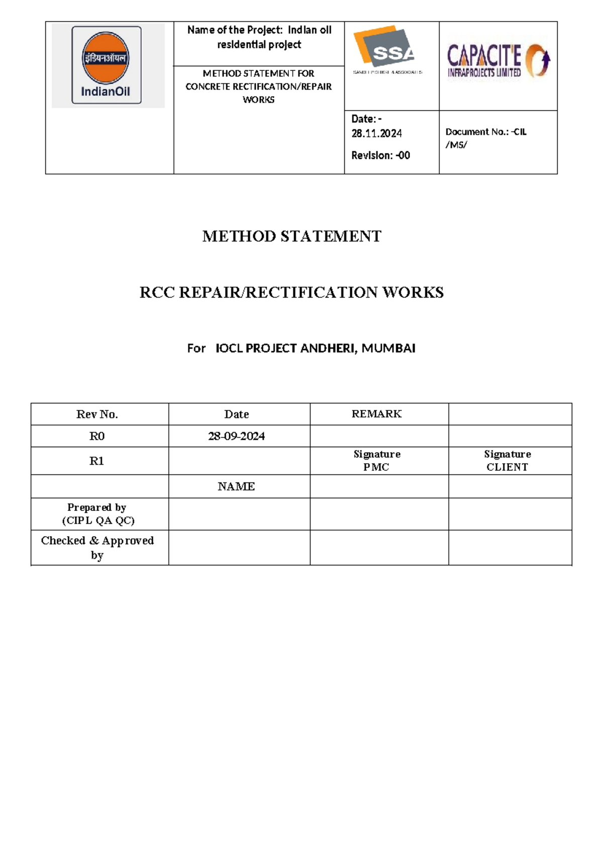 MOS for RCC repair and rectification work - METHOD STATEMENT RCC REPAIR/RECTIFICATION WORKS For ...