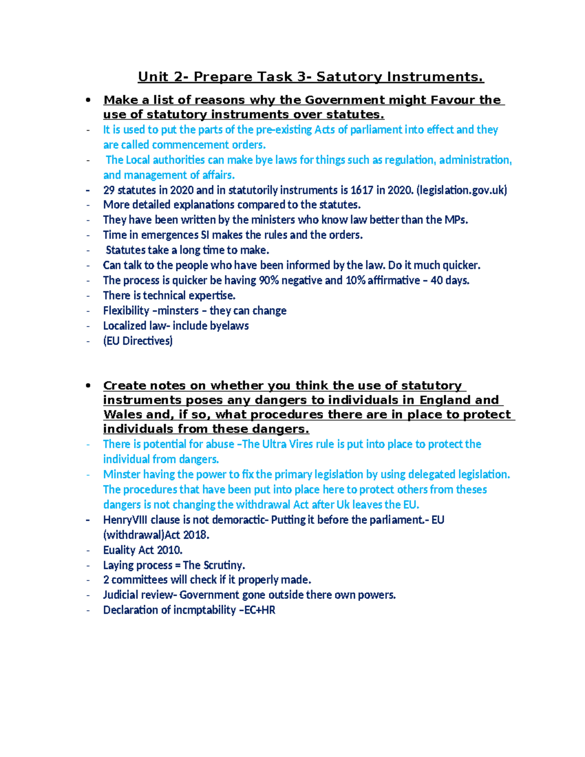 Unit 2 - Prepare Task 3: Overview of Statutory Instruments and Concerns ...