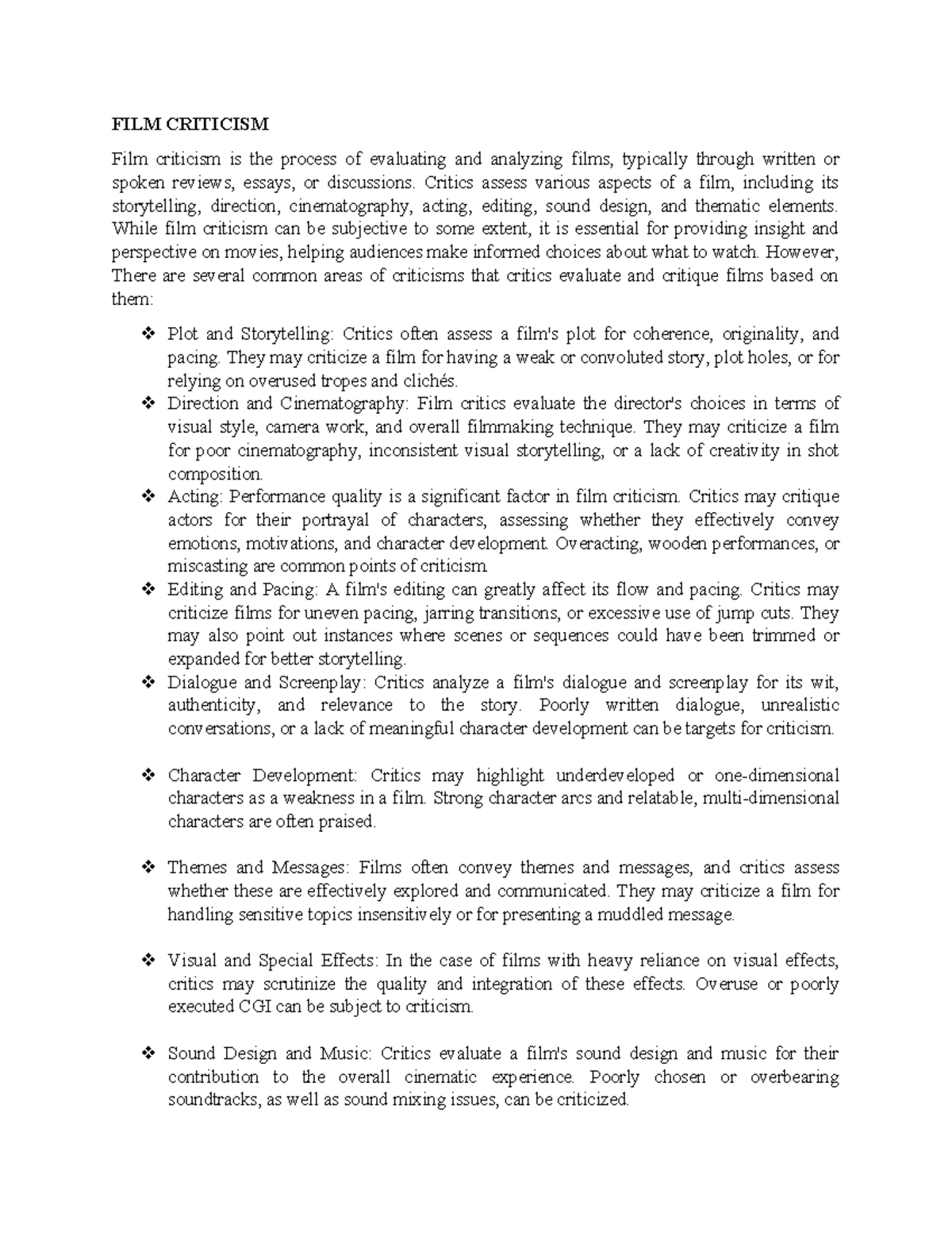 MCM 110 - Principles of Film Criticism and Evaluation - Studocu