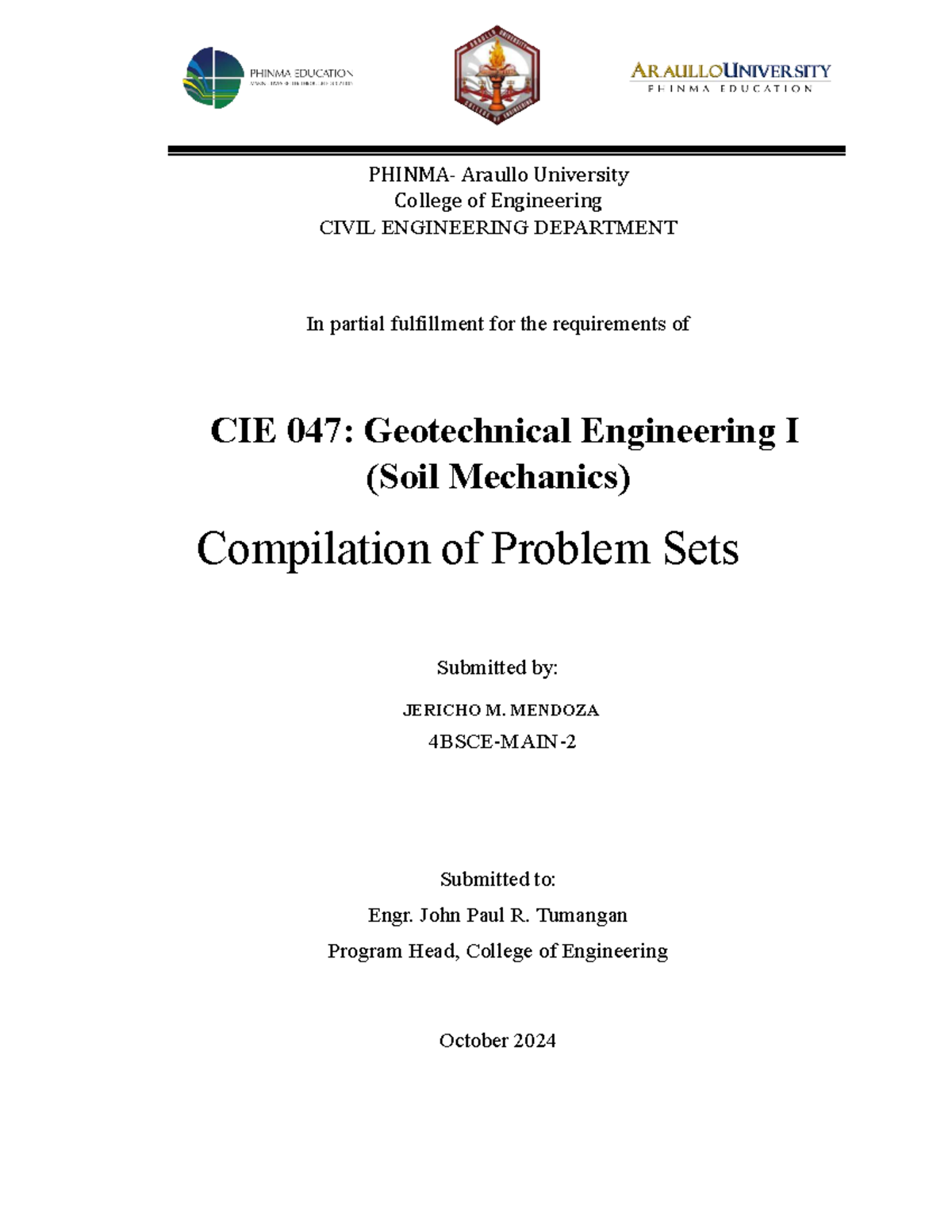 CIE 047: Geotechnical Engineering I Problem Sets Compilation - Studocu