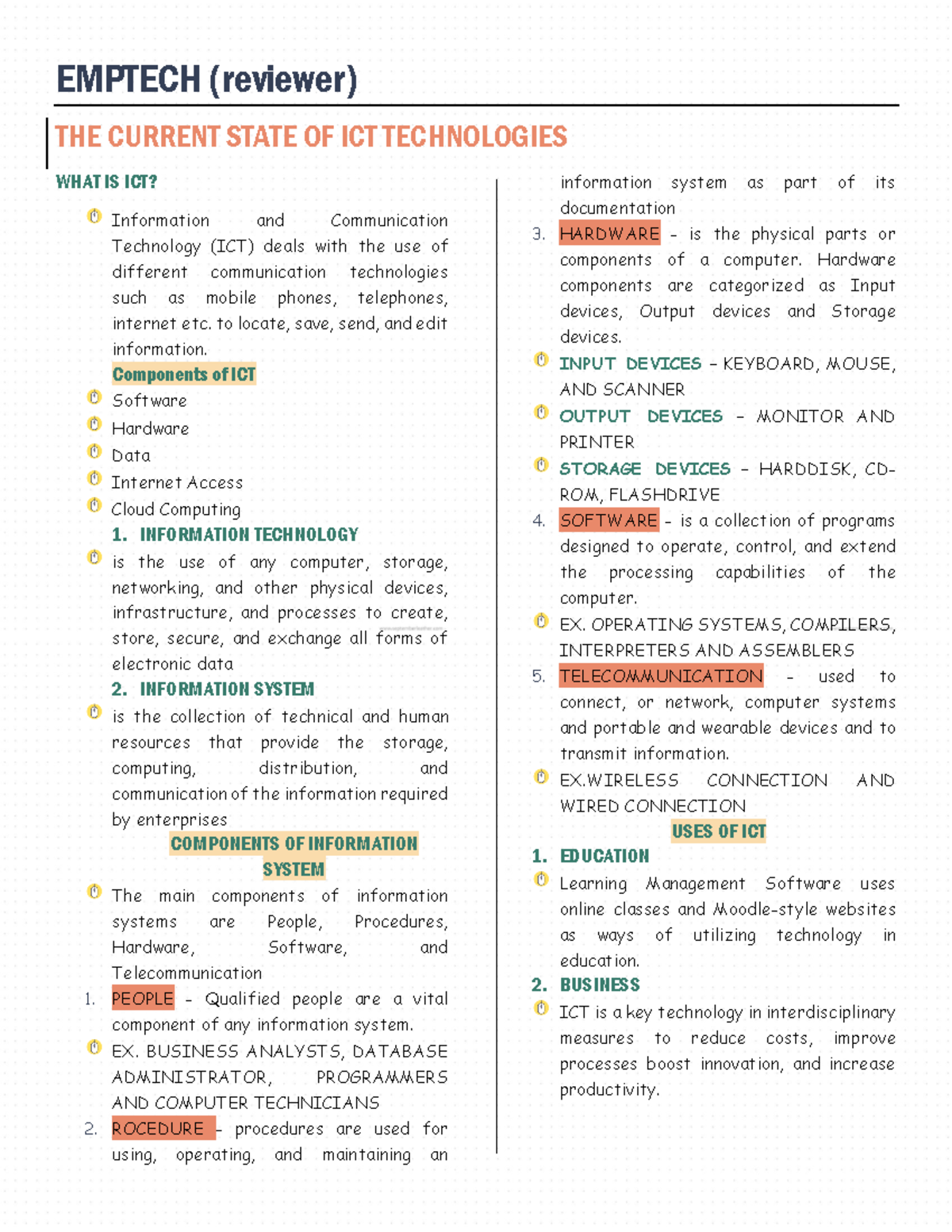 Empowerment Technology 1 - EMPTECH (reviewer) THE CURRENT STATE OF ICT TECHNOLOGIES WHAT IS ICT ...
