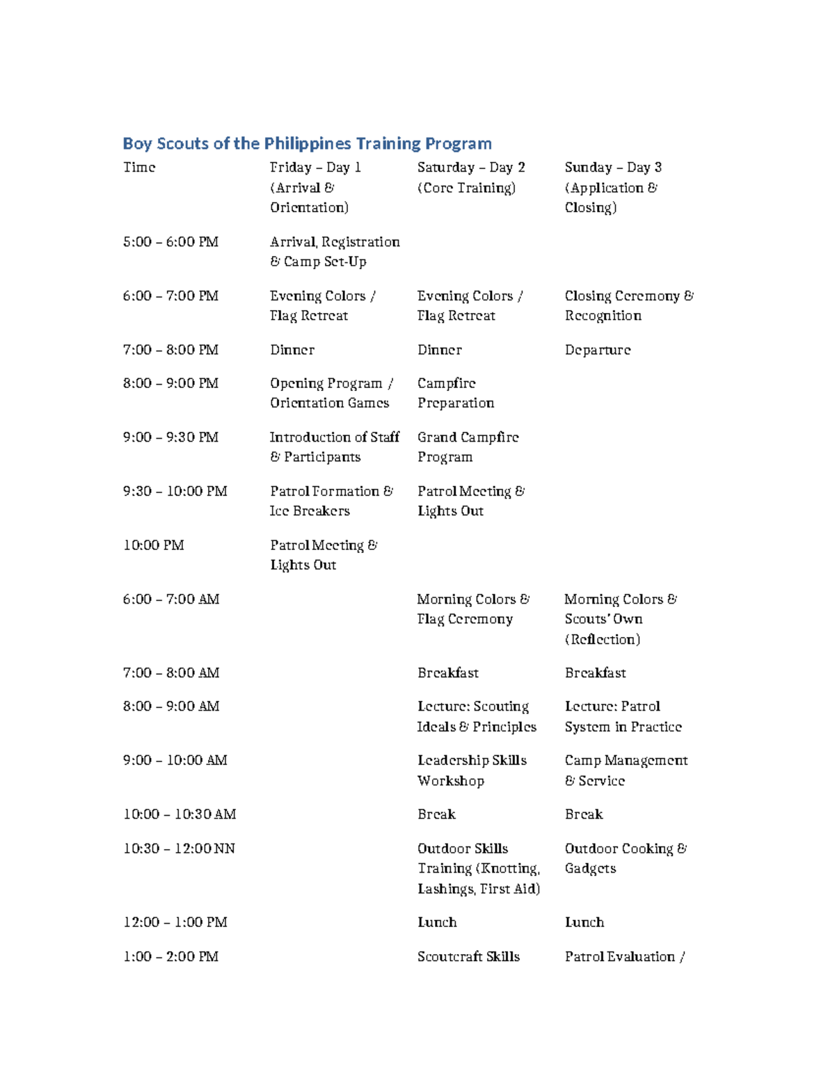 BSP Training Program: Day 1-3 Schedule & Activities Overview - Studocu