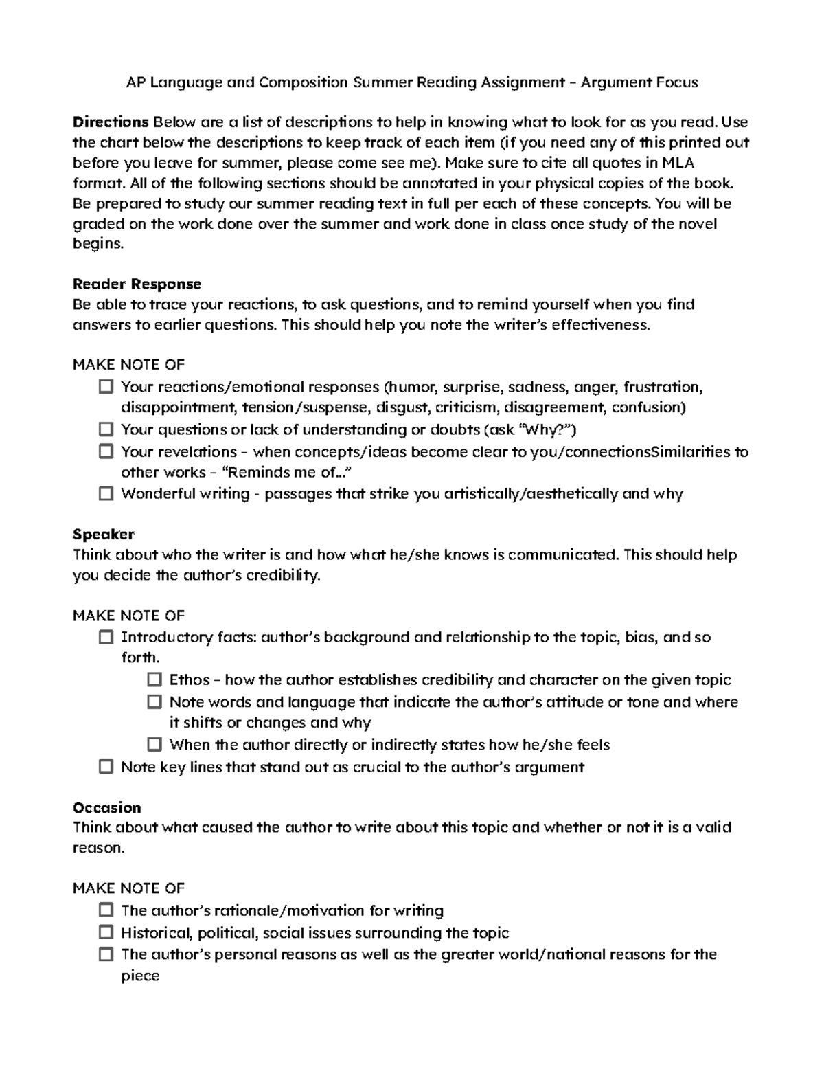 AP Lang & Comp Summer Reading: Argument Focus Directions - Studocu