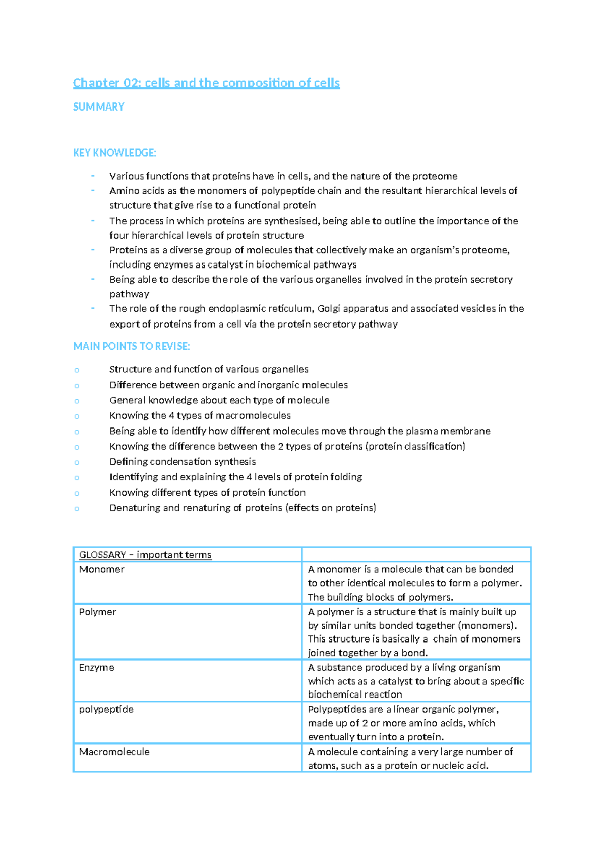 Chapter 02 Summary: Cells and Protein Composition (BIO101) - Studocu
