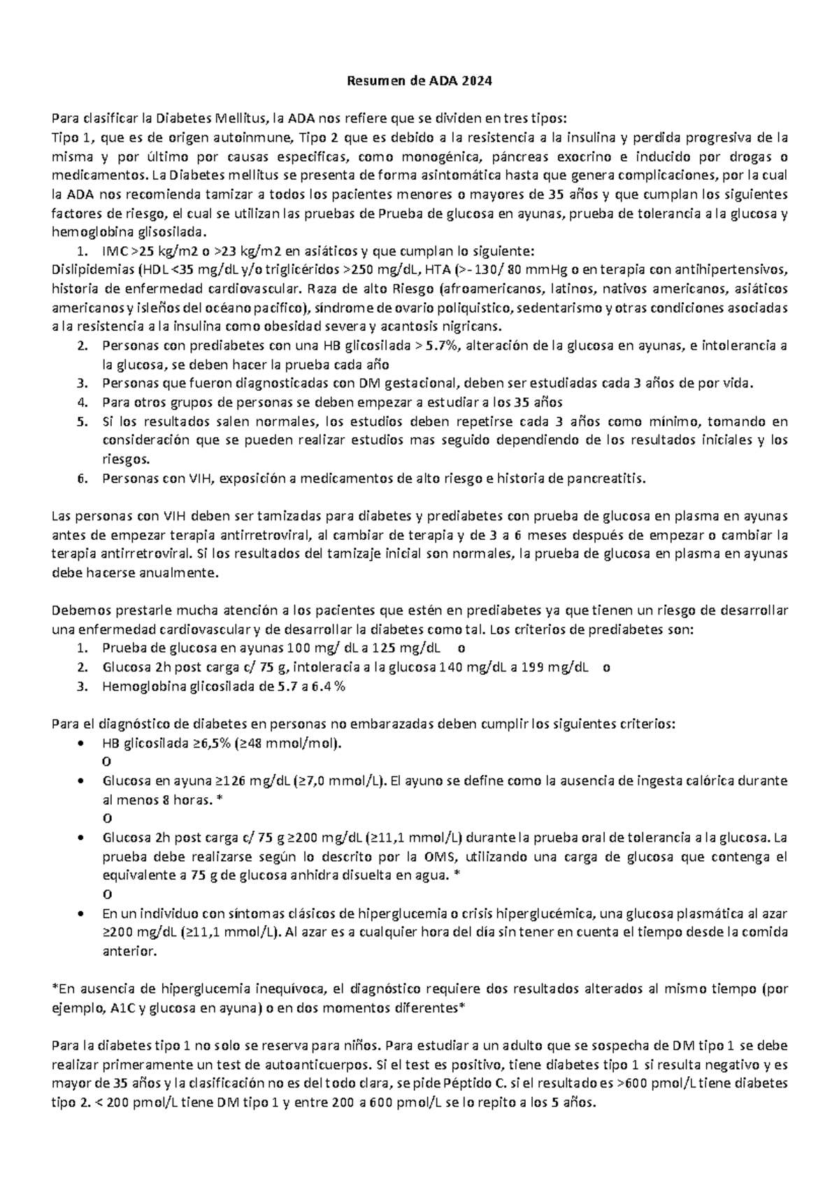 Resumen de Diabetes Mellitus - ADA 2024 y Criterios de Diagnóstico ...