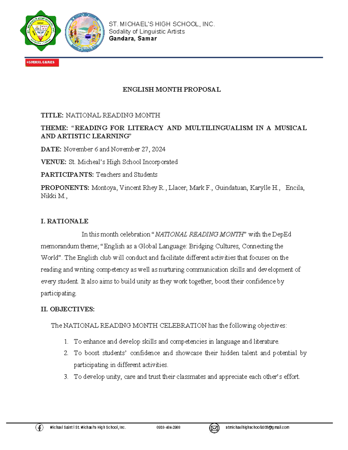 ENGLISH MONTH PROPOSAL (S.Y. 2024): NATIONAL READING MONTH Activities ...