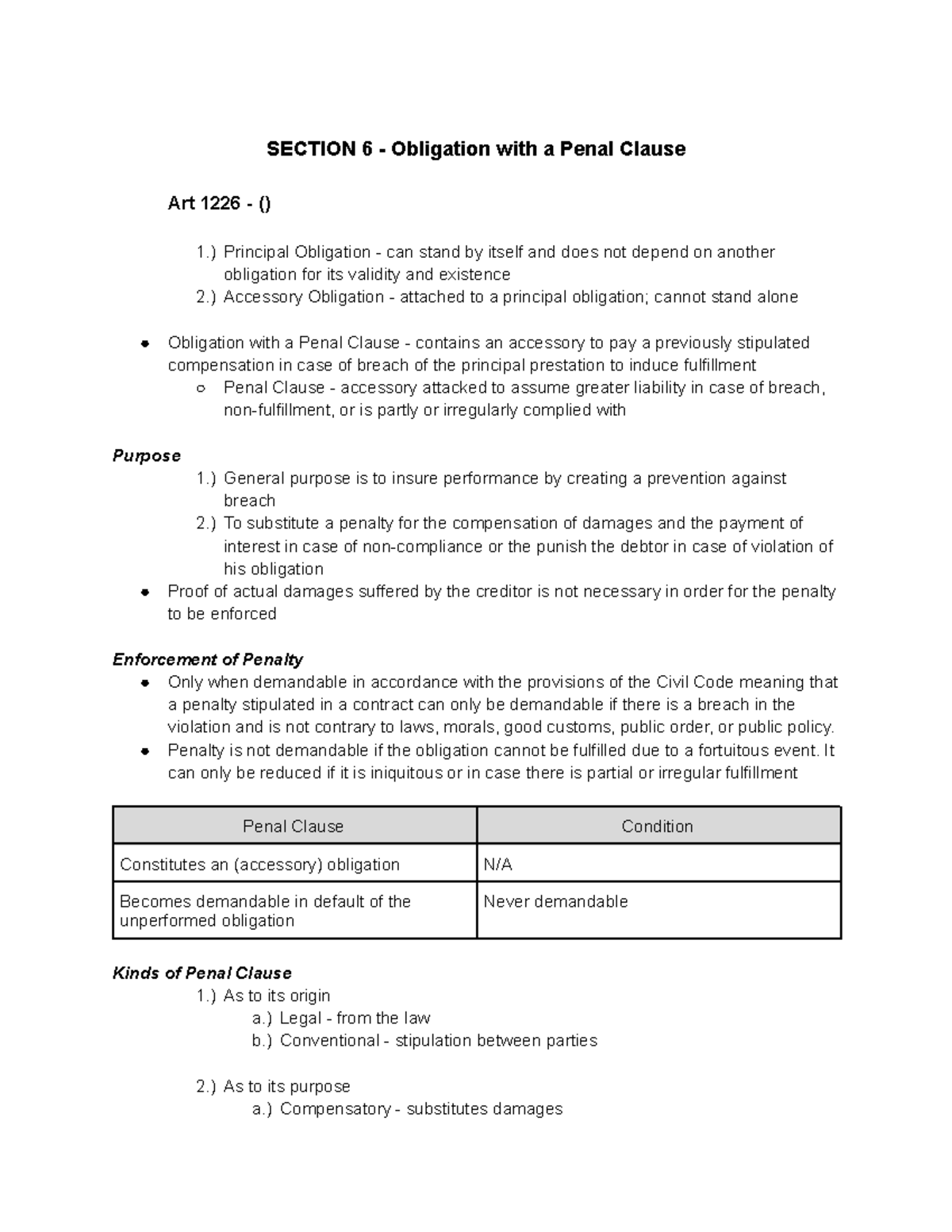 AC1102 (1226-1230) - Notes on Obligations with a Penal Clause - Studocu