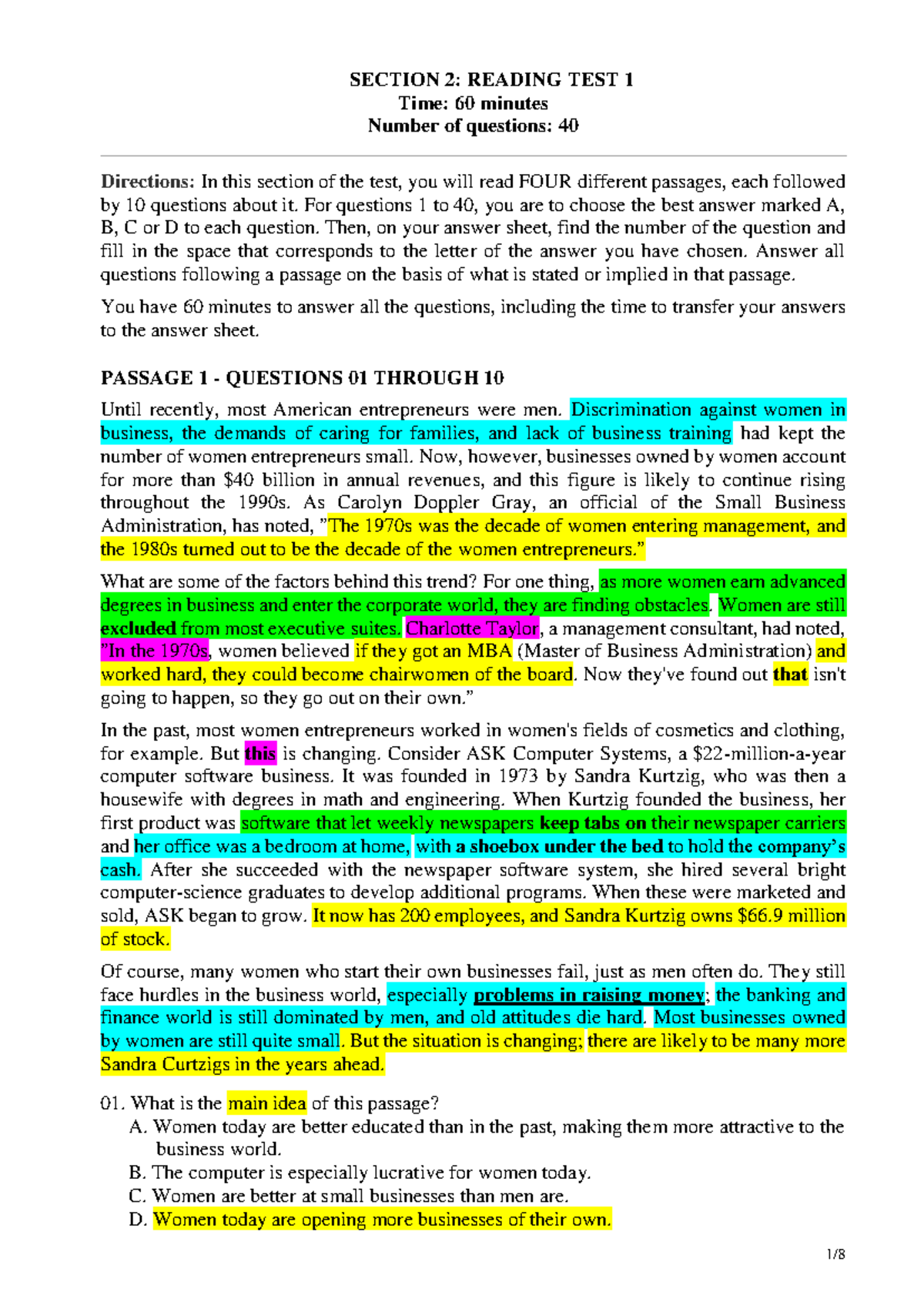 Reading Test 1 Answers & Explanations - 2023 - Studocu