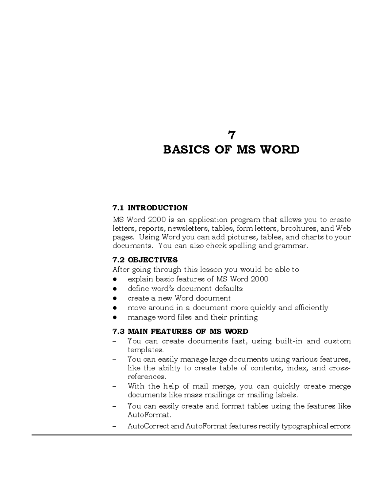 MS WORD - for words notes - 7 BASICS OF MS WORD 7 INTRODUCTION MS Word ...