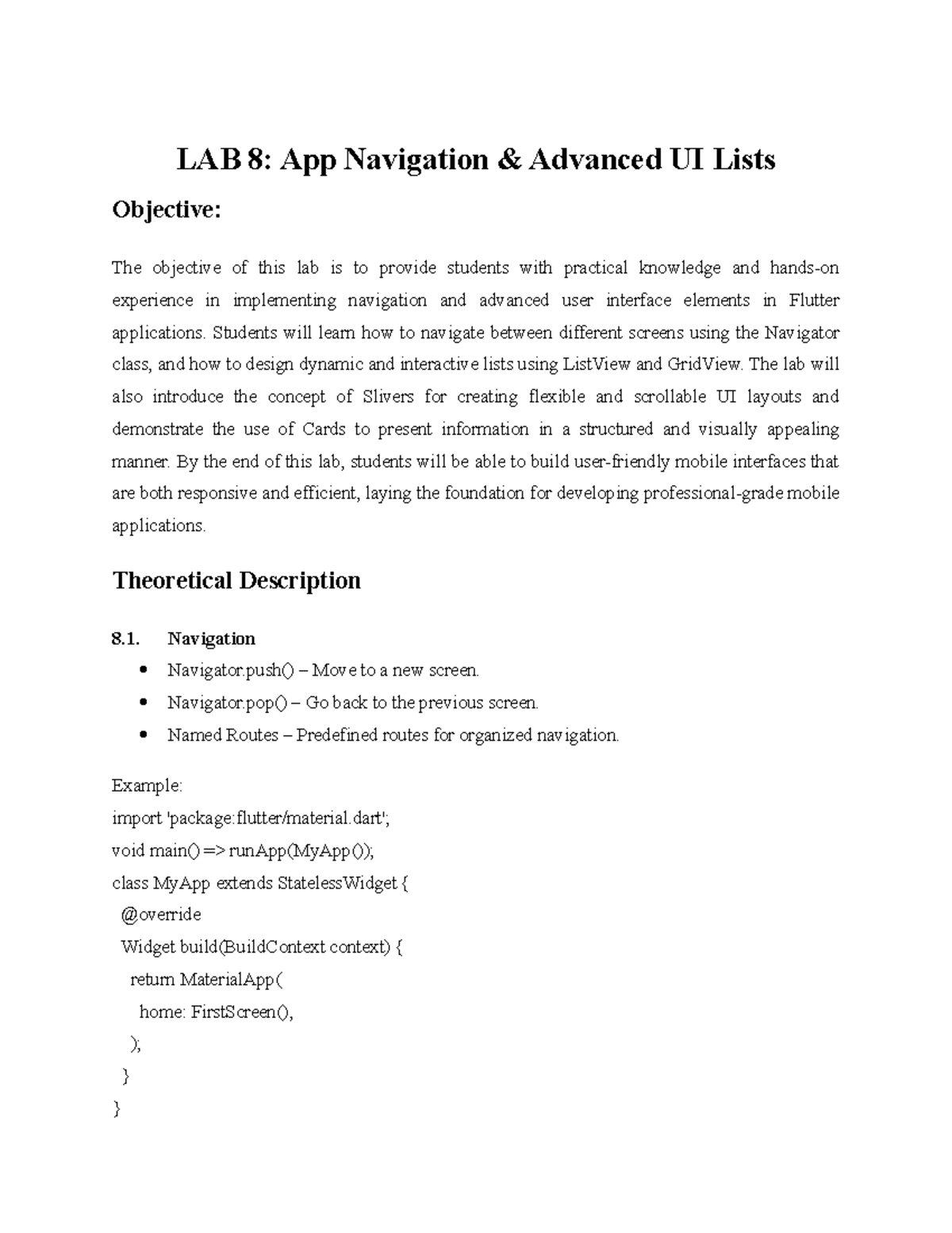 LAB 8: Advanced UI Lists & Navigation in Flutter - Studocu