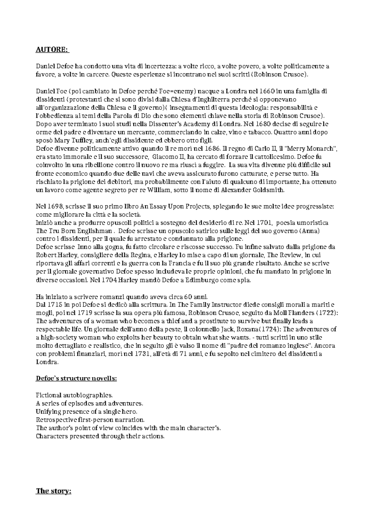 Robinson Crusoe - Appunti di Daniel Defoe (Letteratura 101) - Studocu