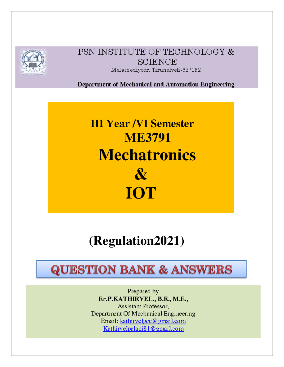 Mechatronics & IOT Unit I QB (ME3791) - Sensors & Actuators with Answers - Studocu