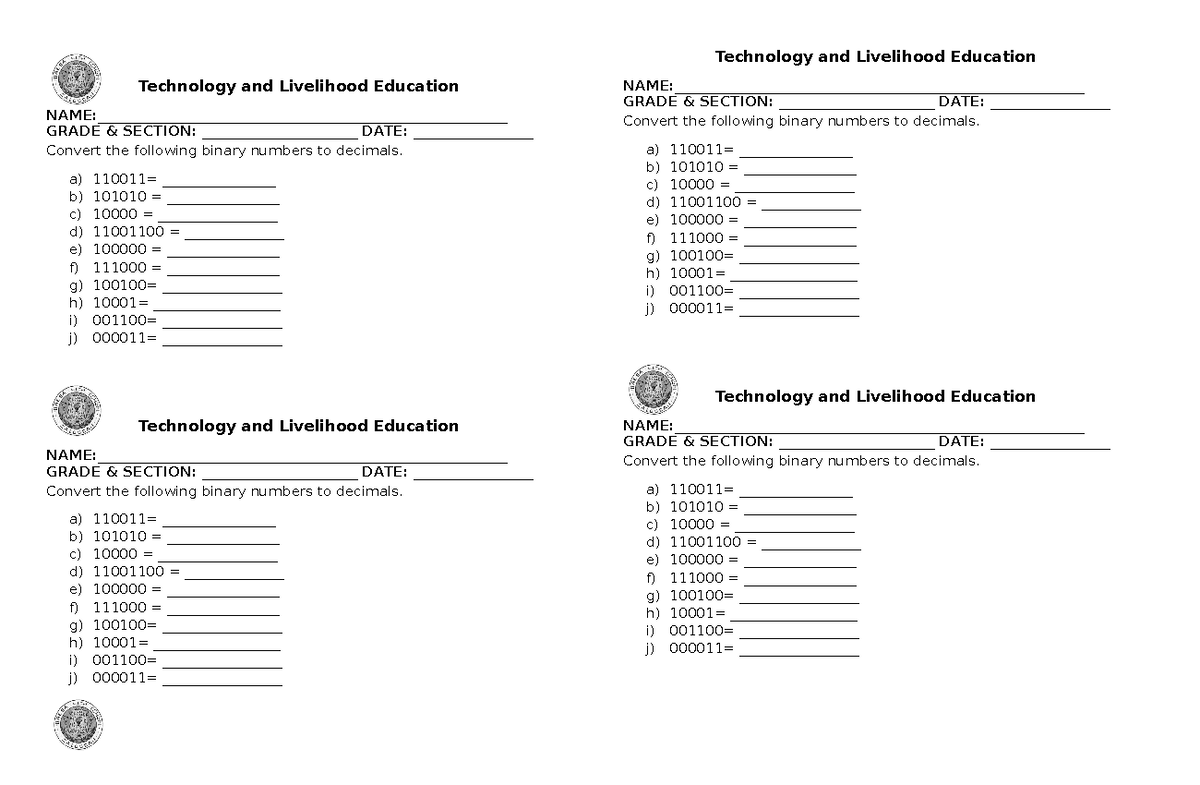 Binary TO Decimal - Technology and Livelihood Education - Studocu