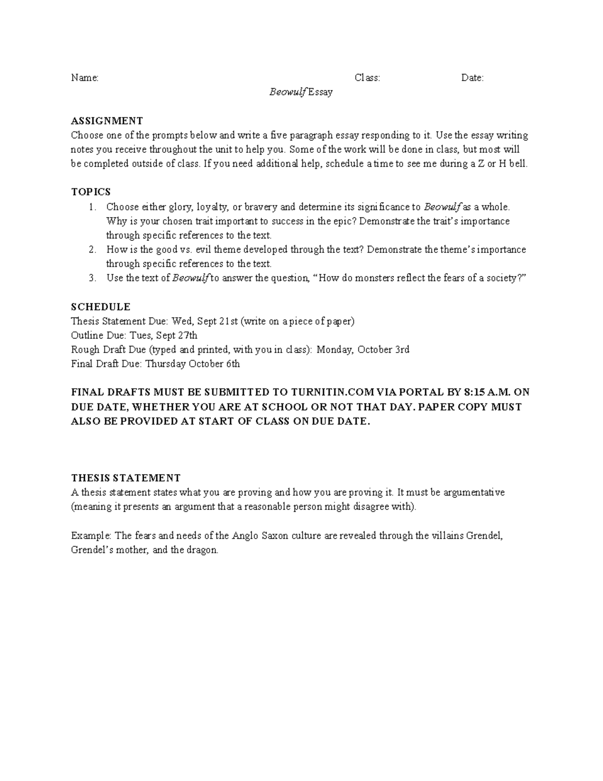 Beowulf Essay Assignment: Exploring Themes of Glory, Loyalty, and ...