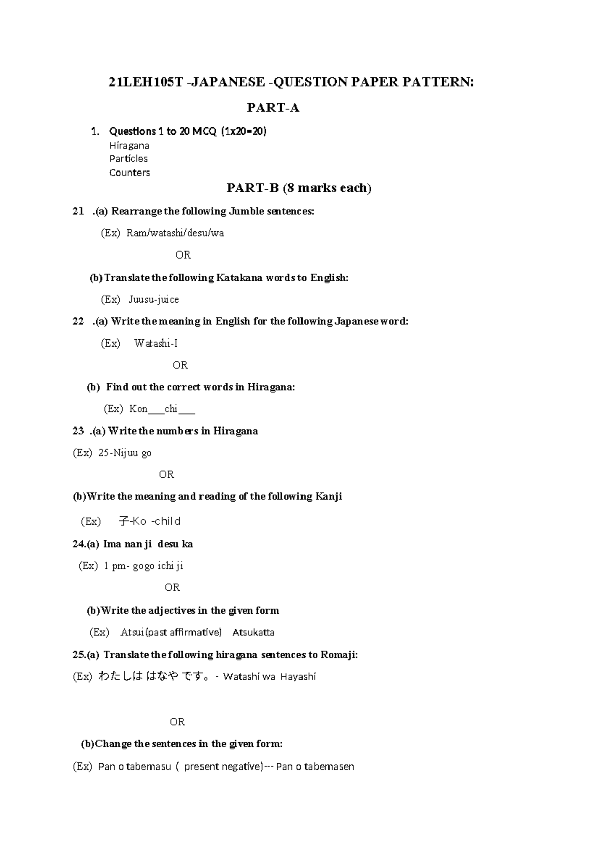 21LEH105T Final Exam Paper Pattern: MCQs & Translation Tasks - Studocu