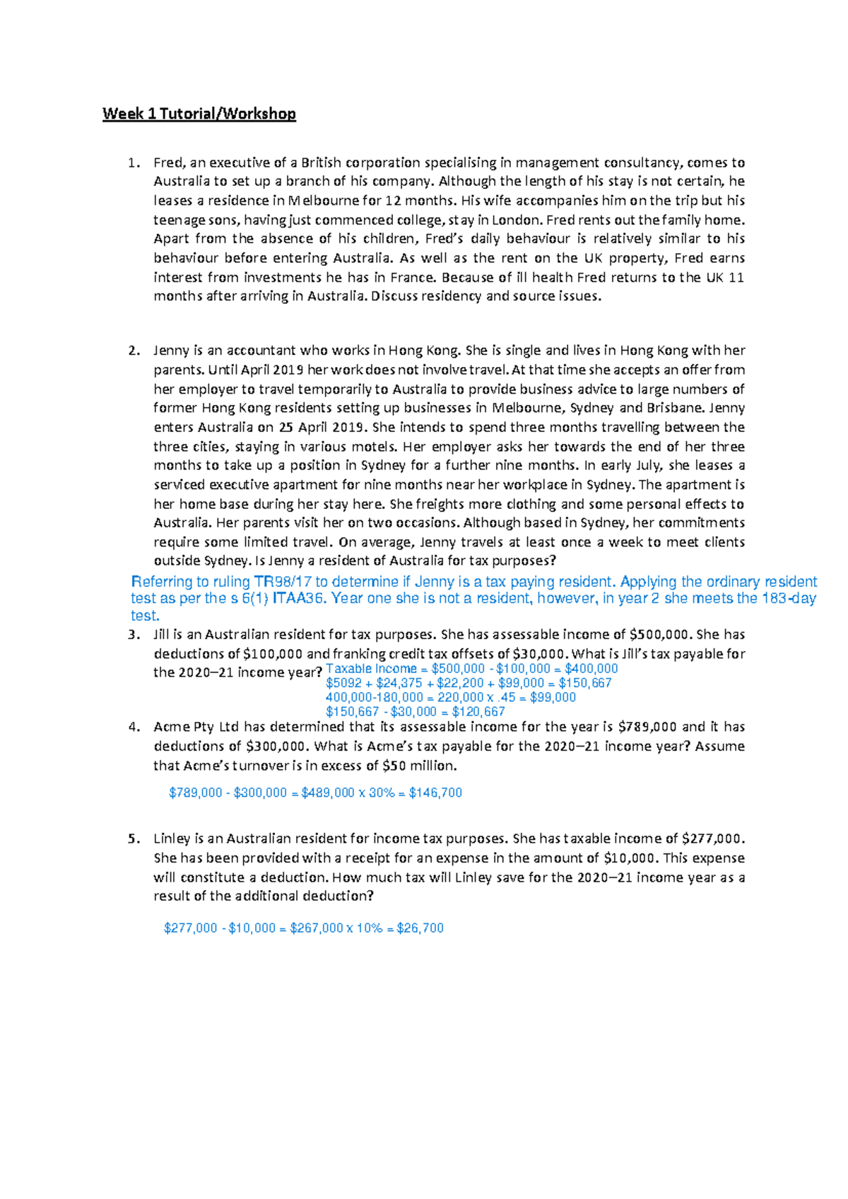 Week 1 Tutorial Answers: Residency & Tax Issues Explained - Studocu