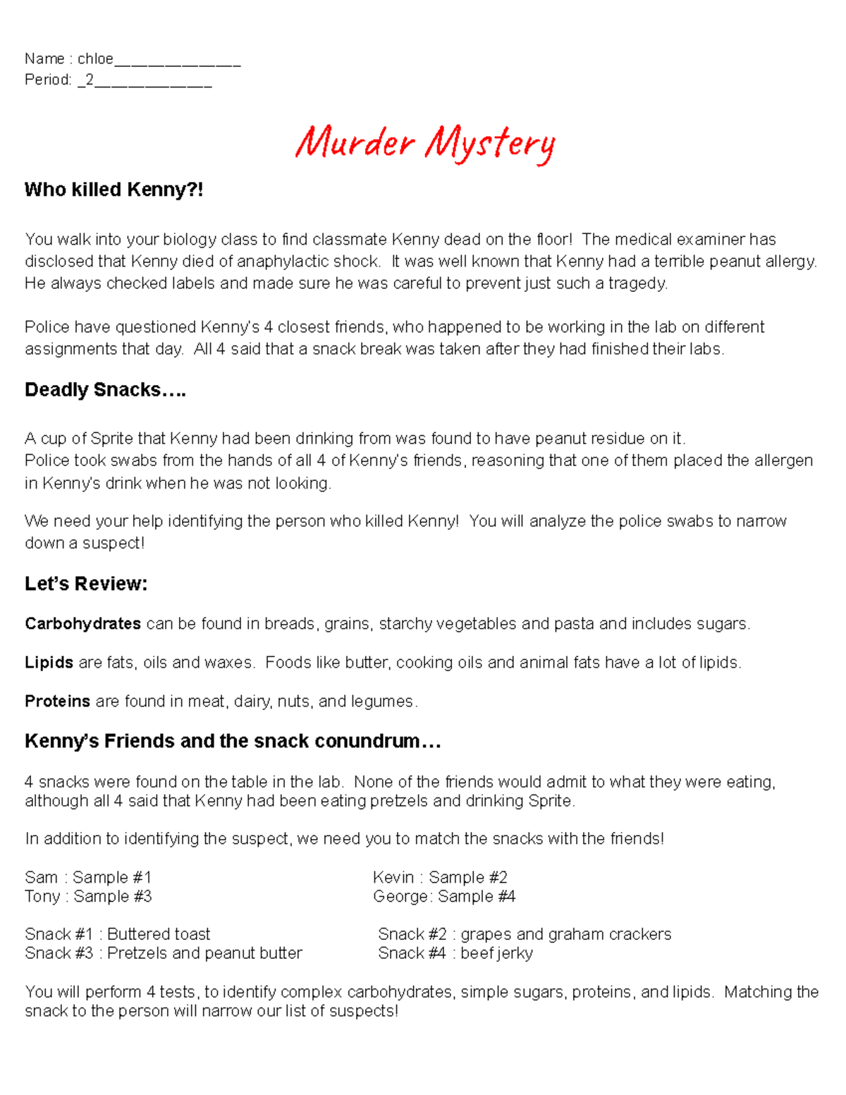 Biology 101: Murder Mystery Case Study - Who Killed Kenny? - Studocu