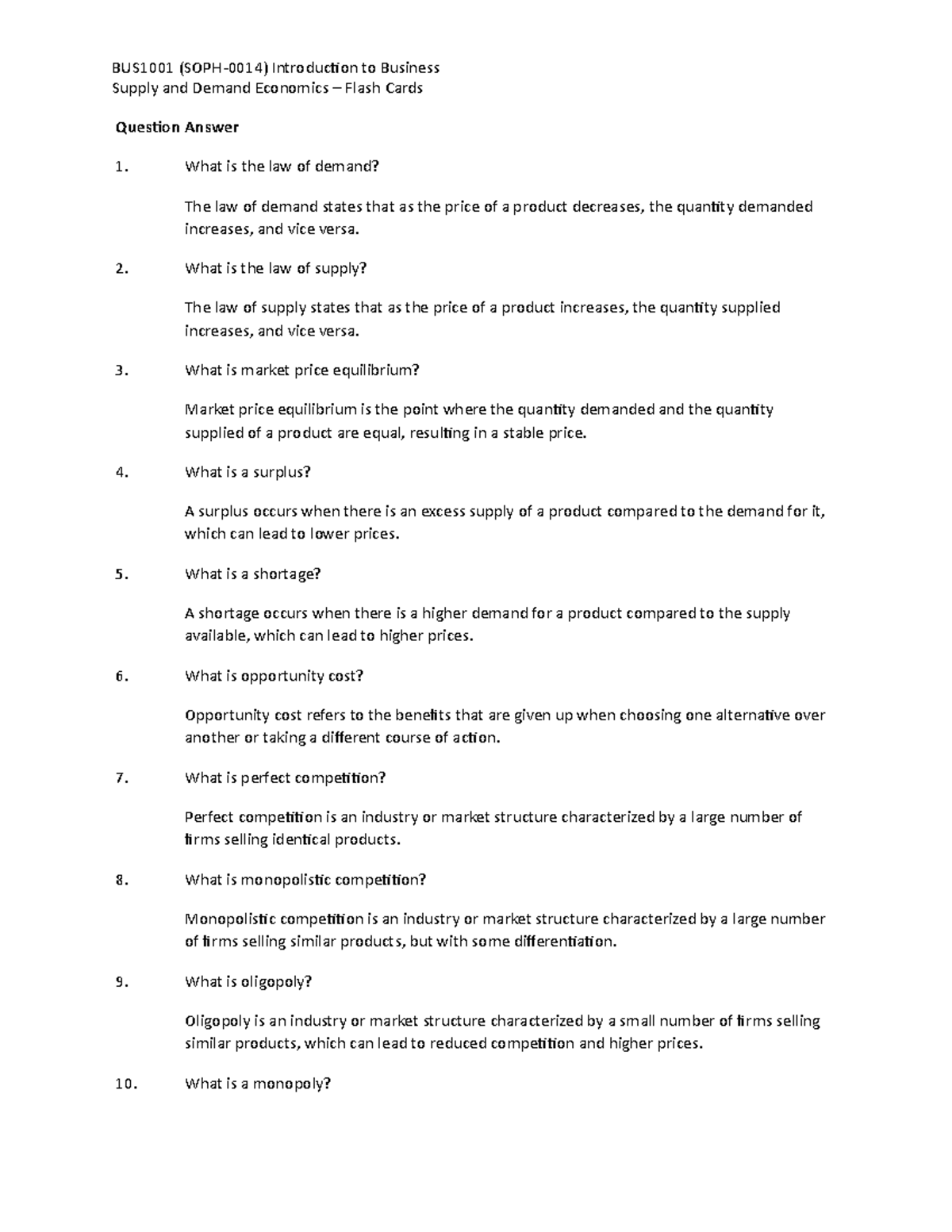 BUS1001 (SOPH-0014) Intro to Business: Supply & Demand Econ Flashcards ...