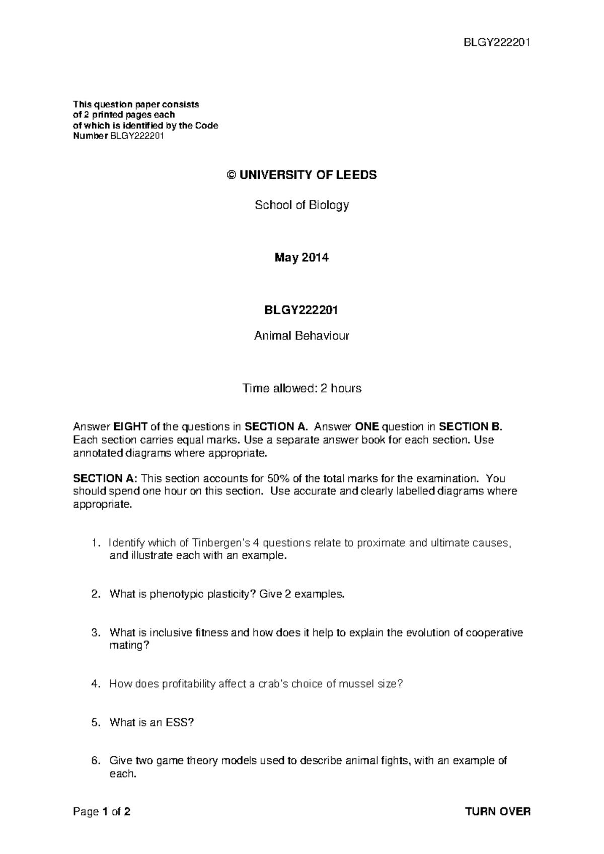 Animal Behaviour Exam - Questions & Answers - May 2014 - Studocu