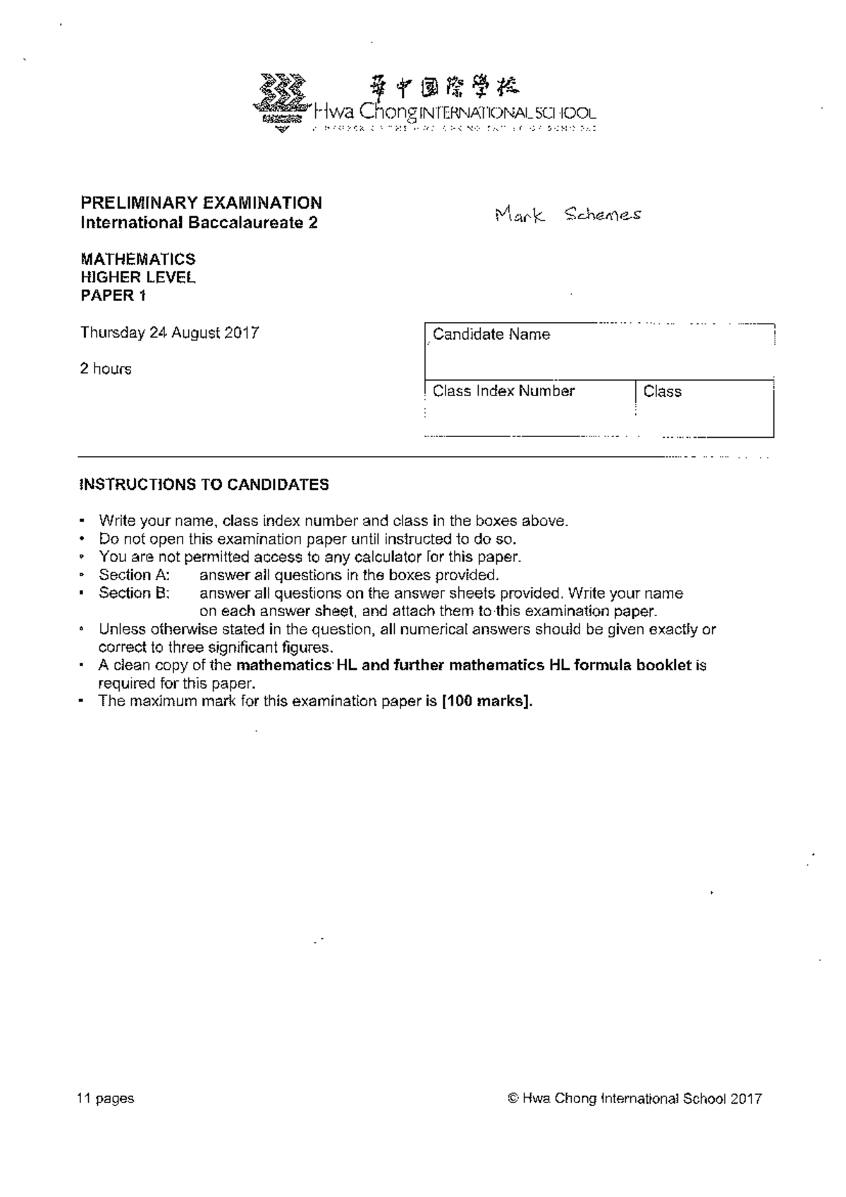 2017 IB2 Math HL Prelim P1 Mark Schemes & Comments Analysis - Studocu