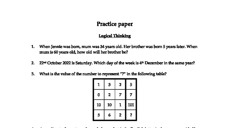 Practice Paper - Ôn tập TIMO 2: Logical Thinking & Math Problems - Studocu