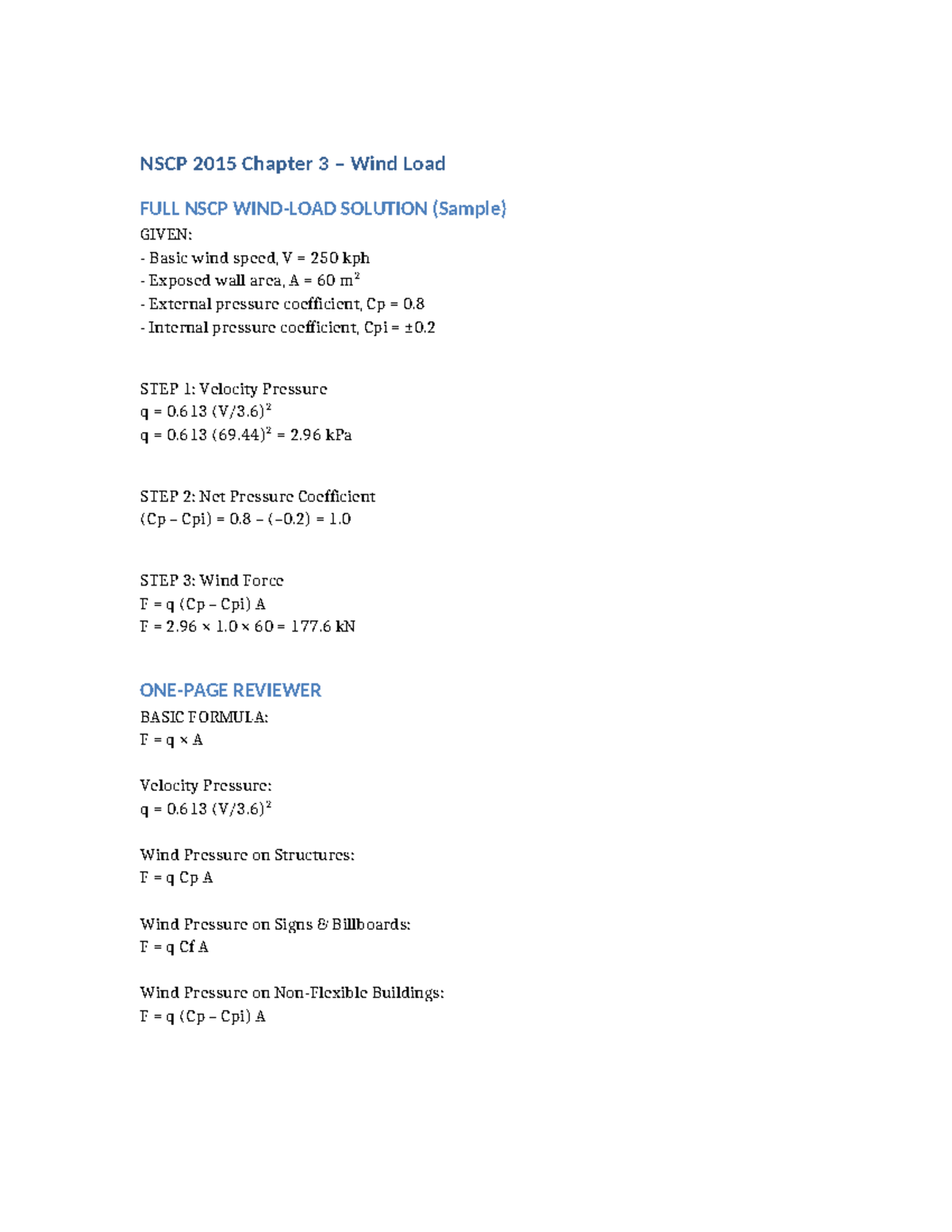 NSCP 2015 Chapter 3 Wind Load Reviewer and Solutions - Studocu