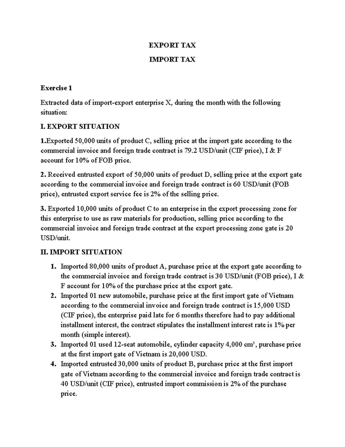 Import and Export Duties Exercises 1: Tax Calculations for Enterprises ...