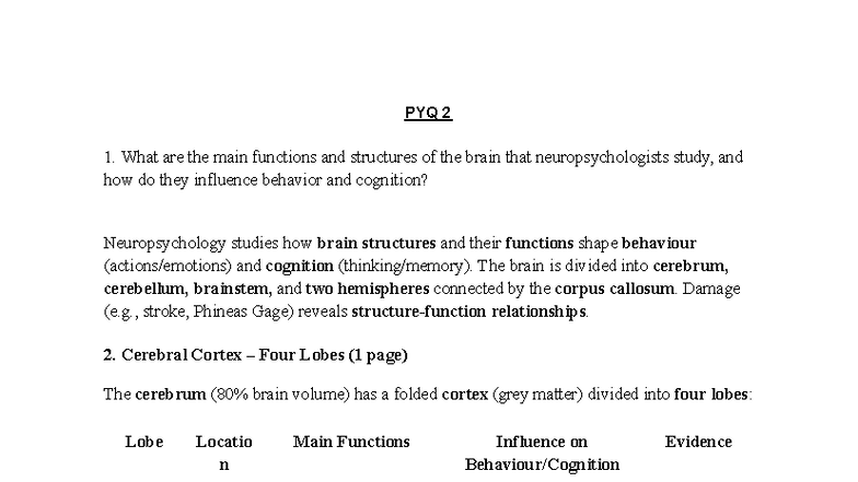 PYQ 2 - Neuropsychology: Brain Functions, Structures, and Behavior ...