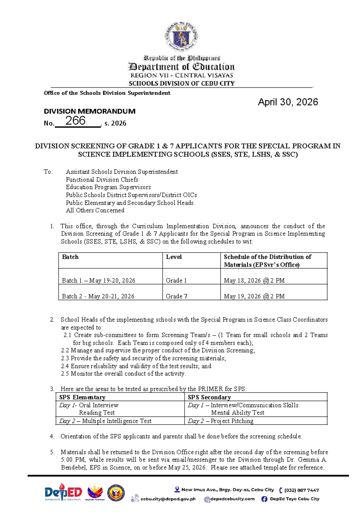 DM 266 Division Screening for Grade 1-7 Special Science Program - Studocu