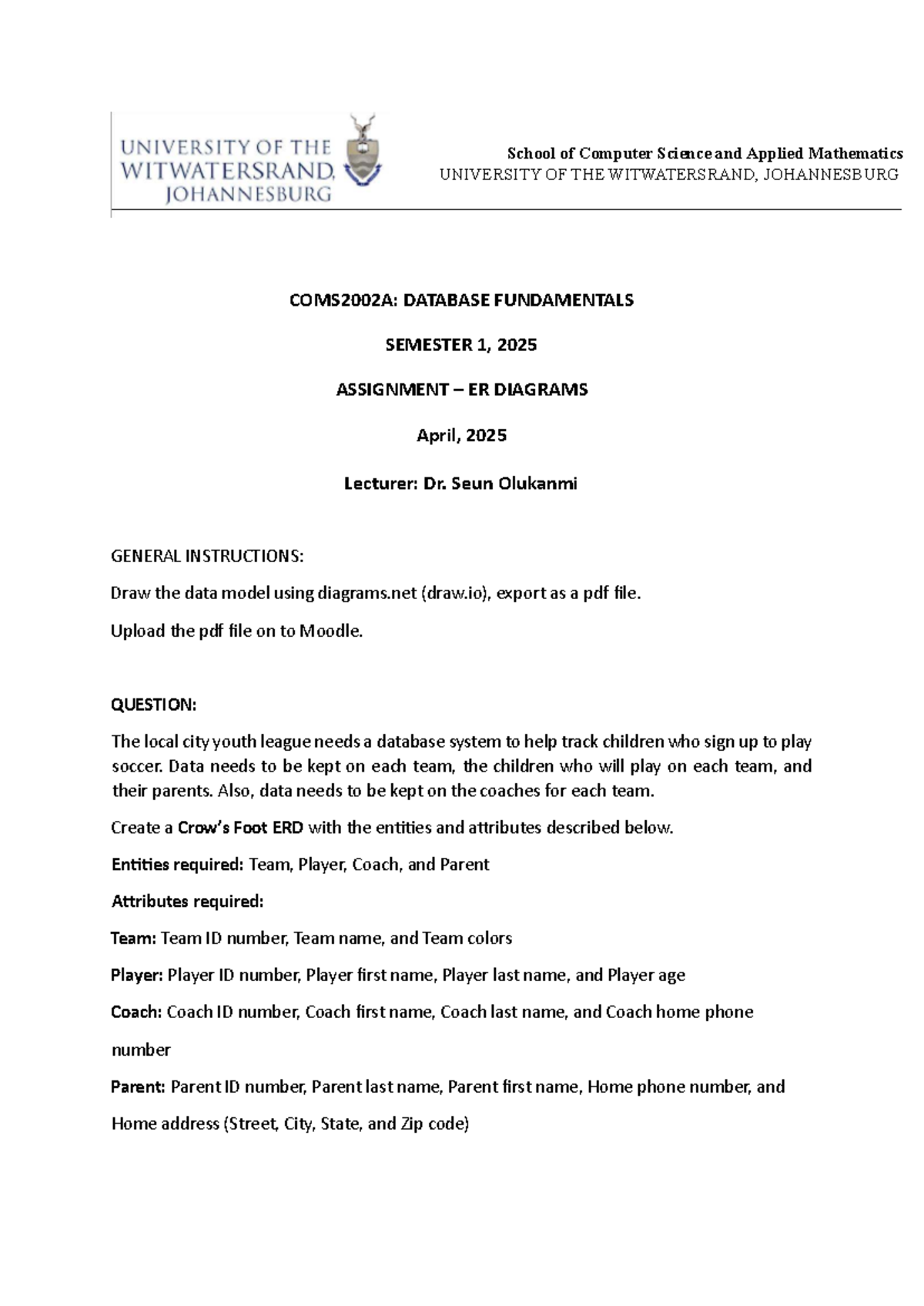 COMS2002A: Database Fundamentals Assignment - ER Diagrams Guide - Studocu