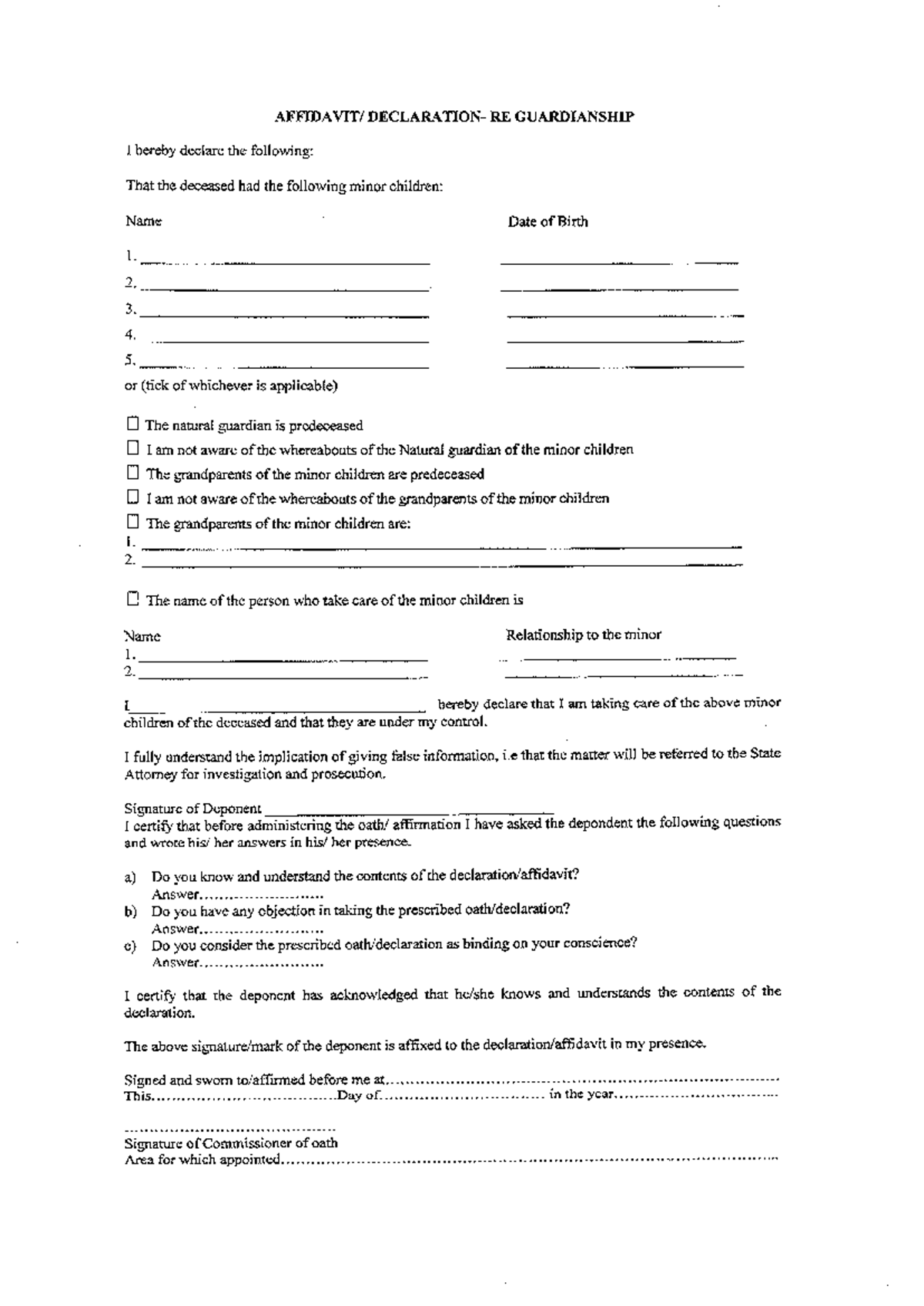 Affidavit & Declaration of Guardianship for Minor Children - Studocu