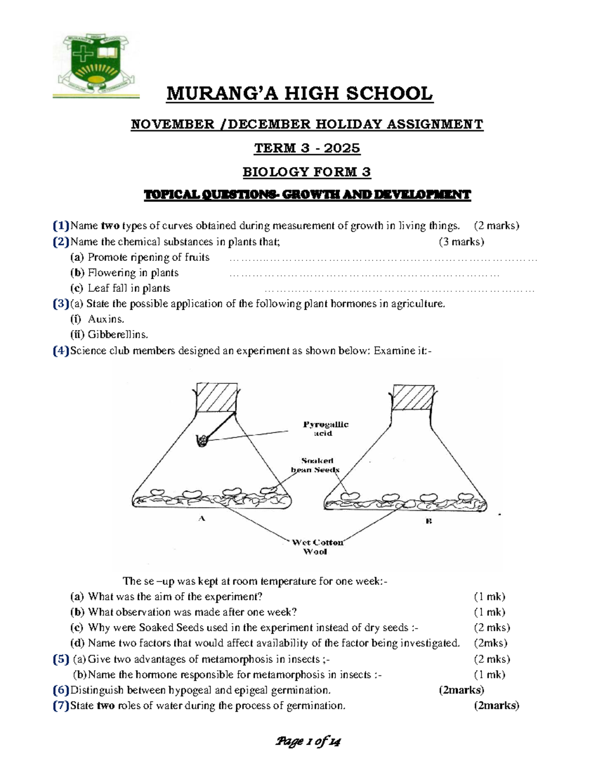 Biology Form 3 Term 3 Holiday Assignment: Growth & Development - Studocu